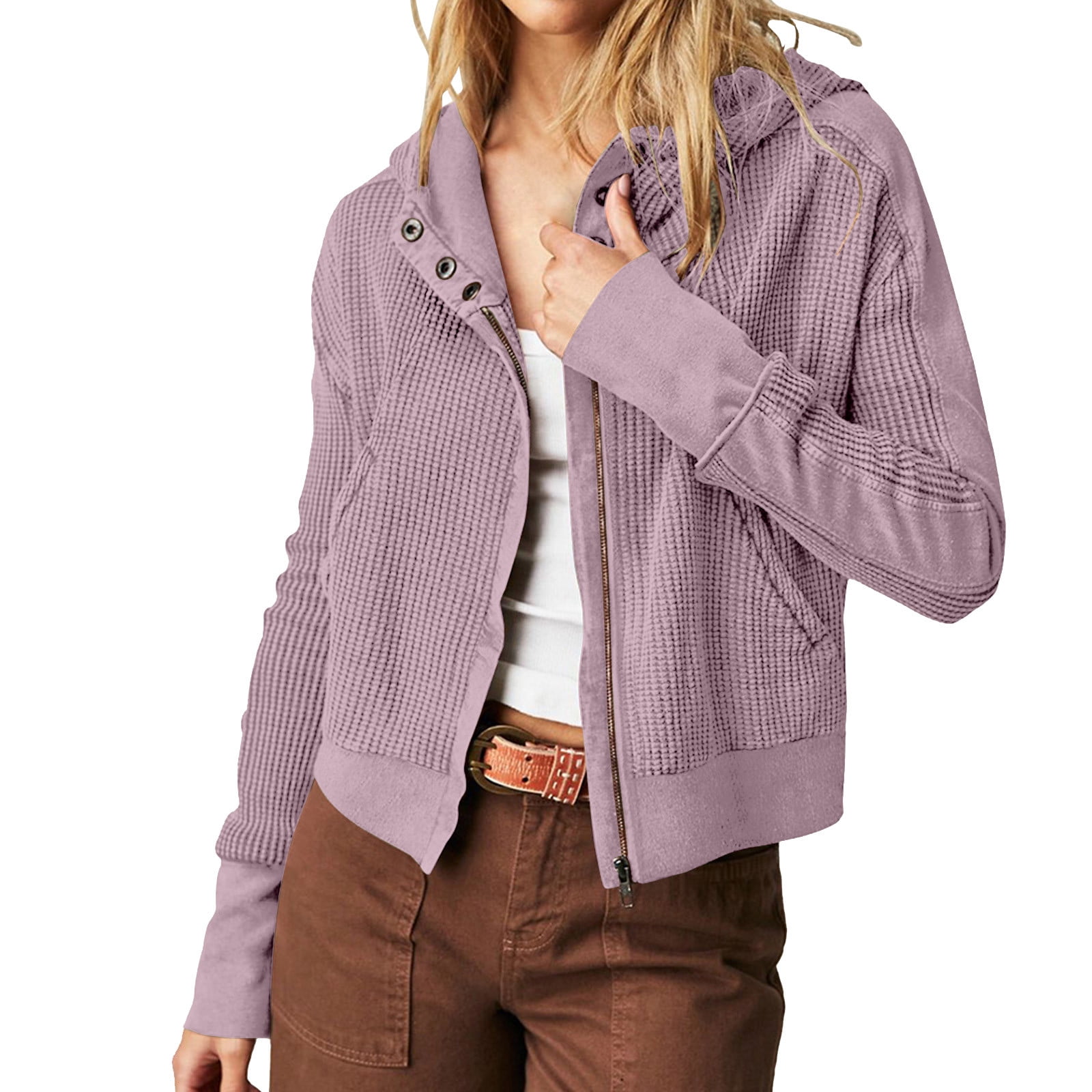 DeHolifer Women Waffle Jacket Cotton Knit Hoodies Zip Up Cropped Jacket ...