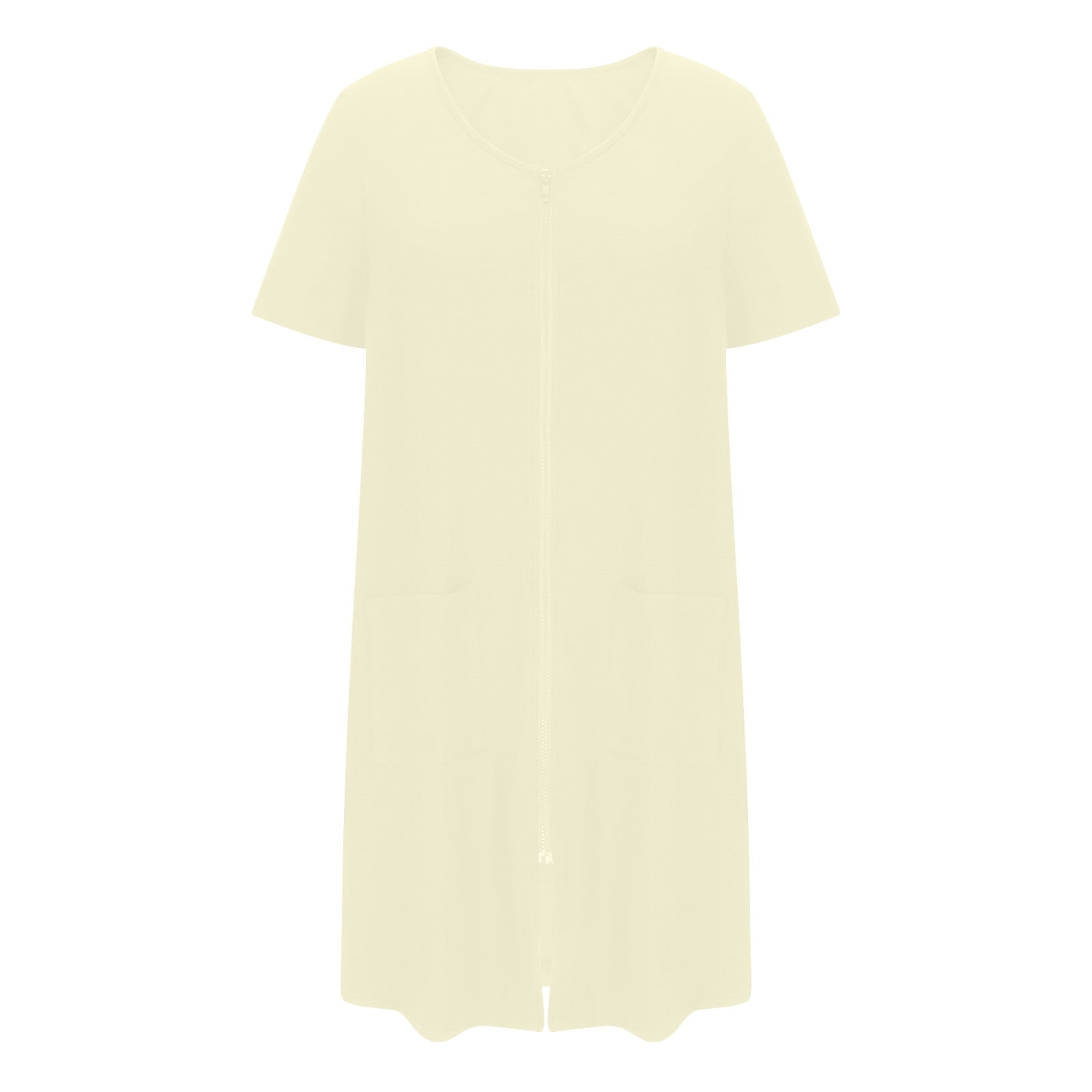 QQAMB Women Zipper Robe Solid Color Short Sleeve Duster Housecoat Short ...