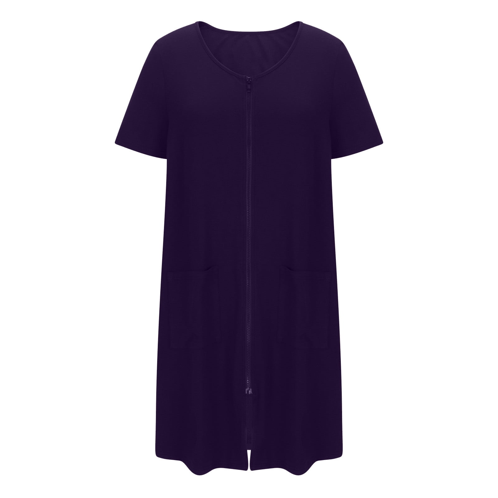 QQAMB Women Zipper Robe Solid Color Short Sleeve Duster Housecoat Short ...