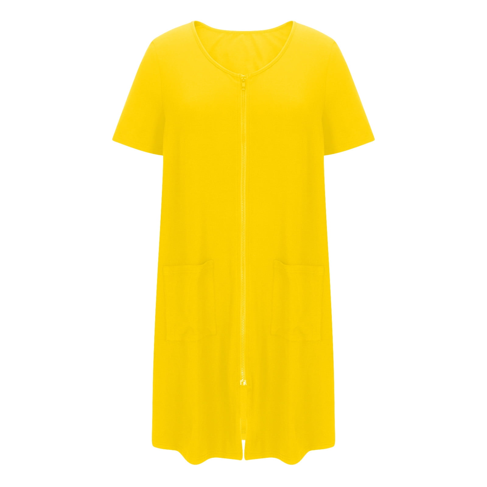QQAMB Women Zipper Robe Solid Color Short Sleeve Duster Housecoat Short ...