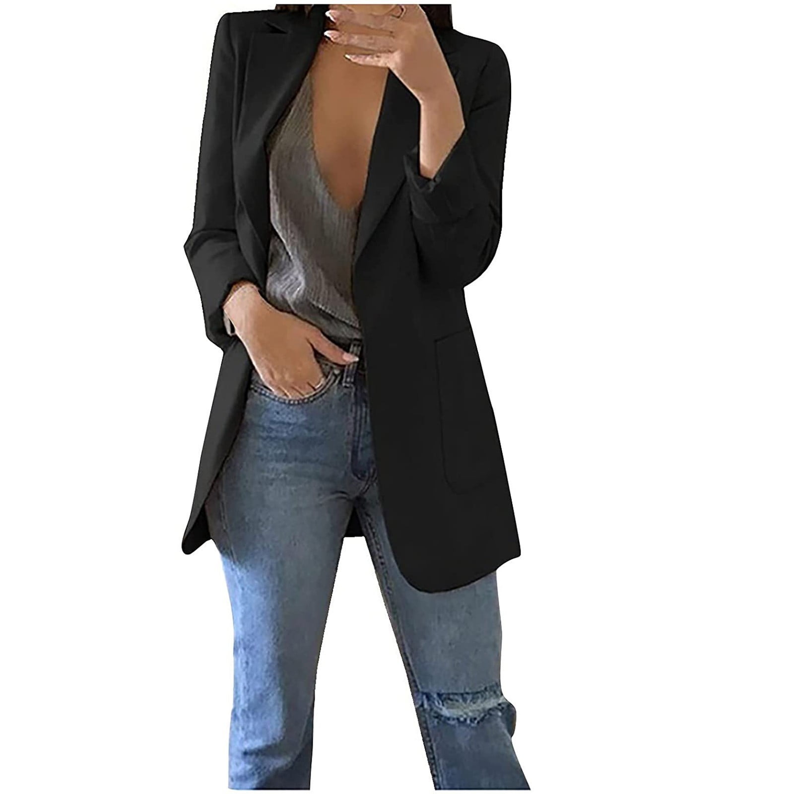 QQAMB Women's Casual Blazers Long Sleeve Open Front Button Work Office ...