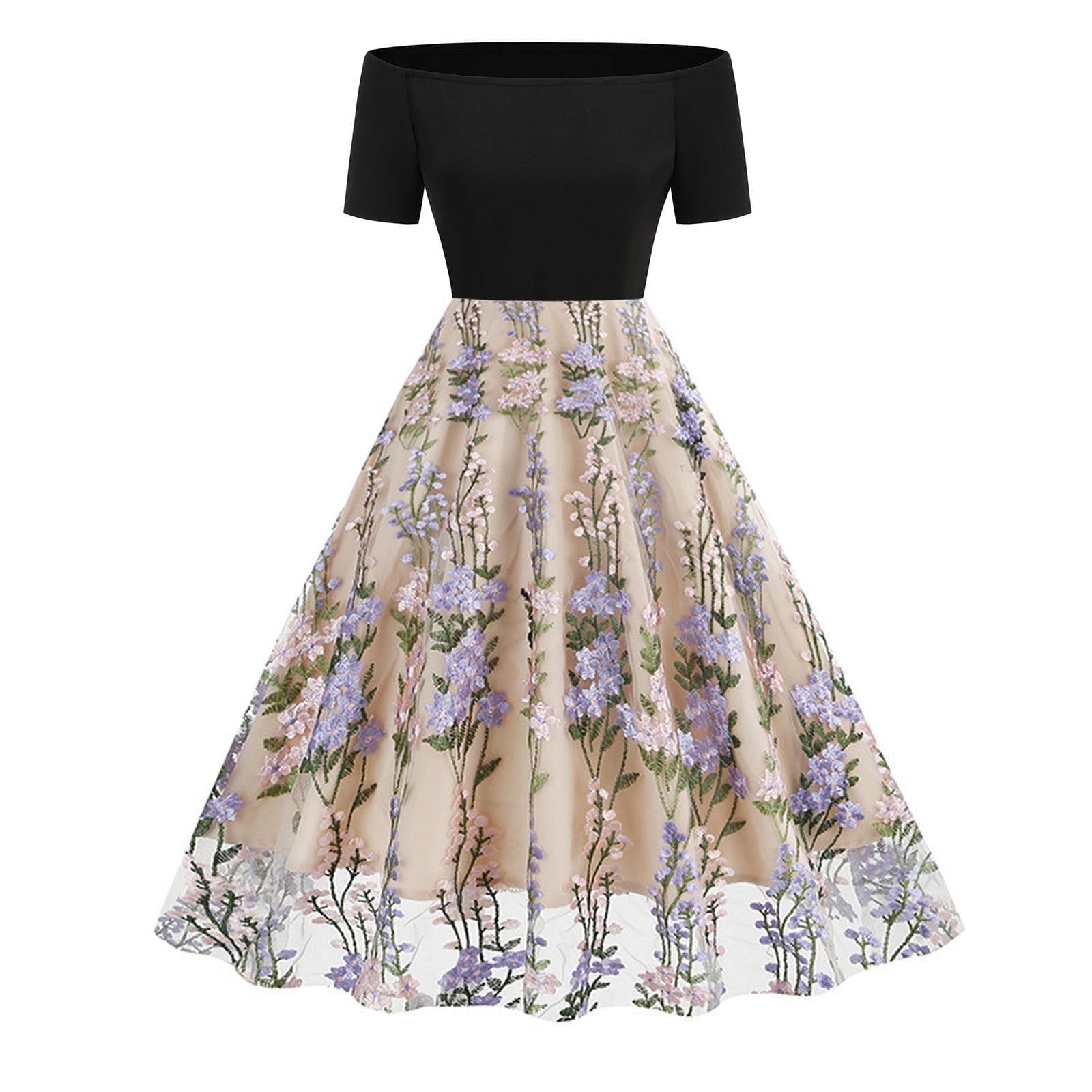 DeHolifer Women's Dresses Floral Printed Patchwork Mesh Vintage Party ...