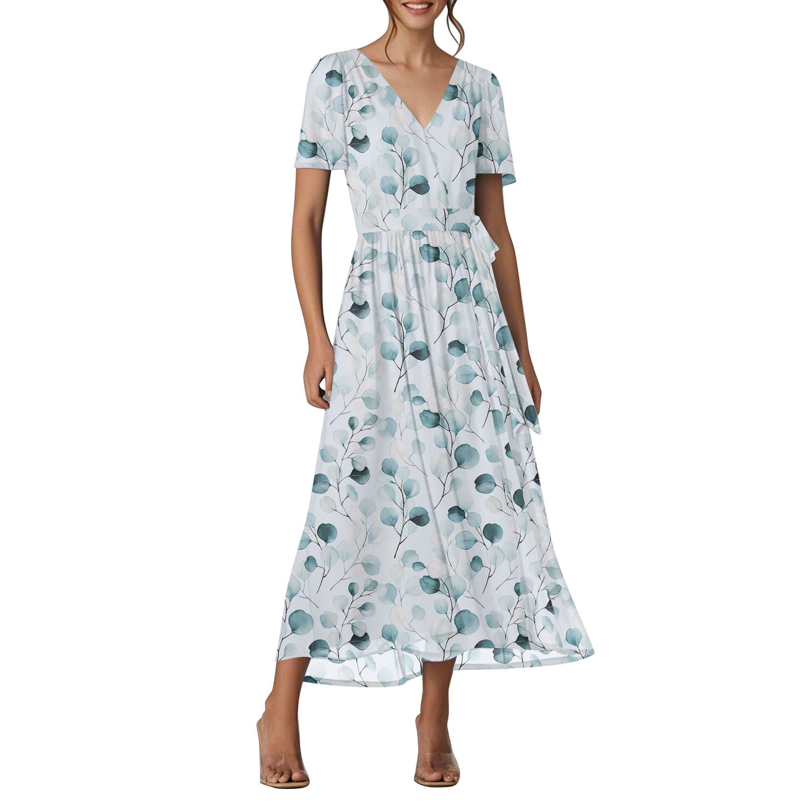 DeHolifer Women's Dresses V-Neck Floral Printed Short Sleeve Summer ...