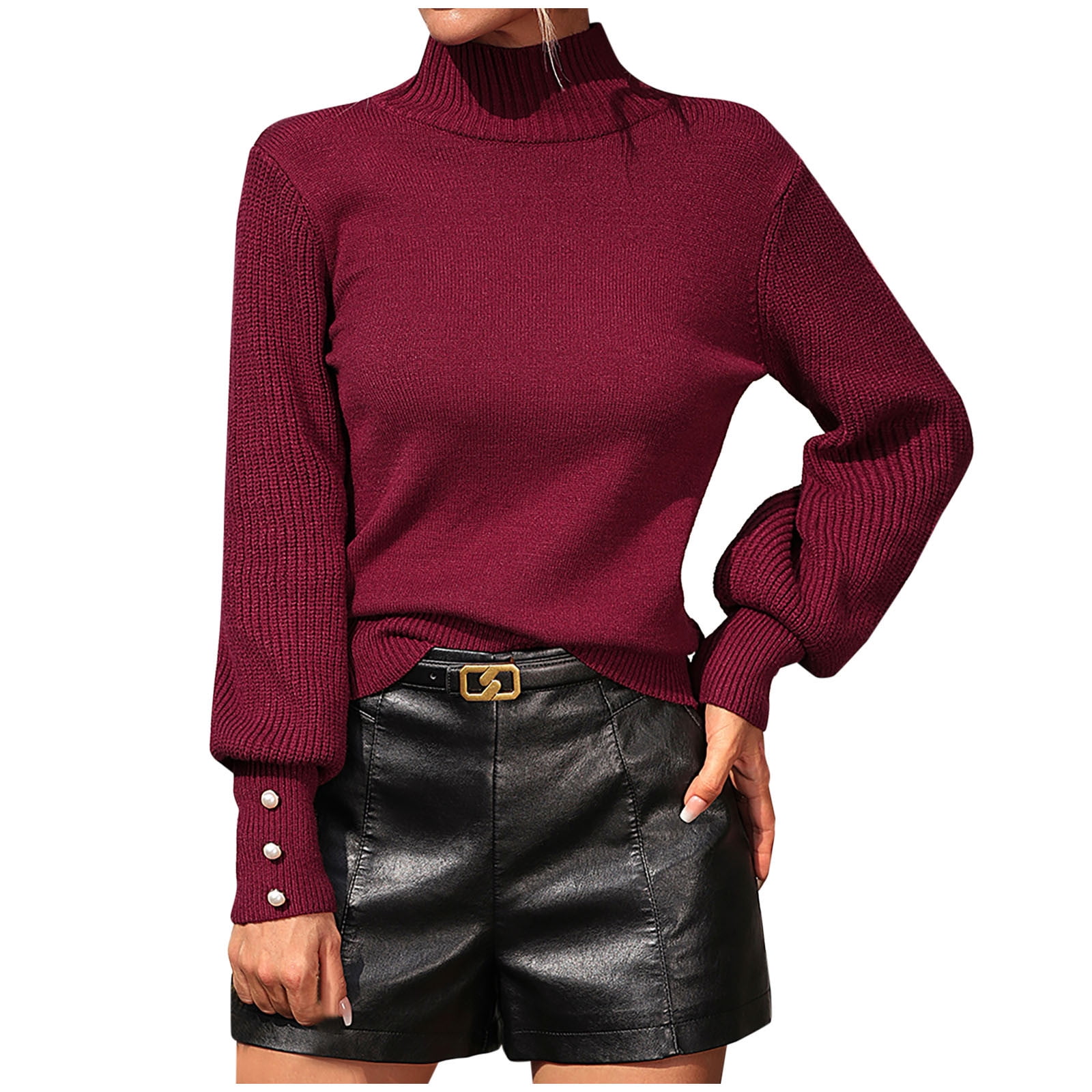 DeHolifer Women's Fall Sweaters Solid Color High Neck Long Sleeve Knit ...