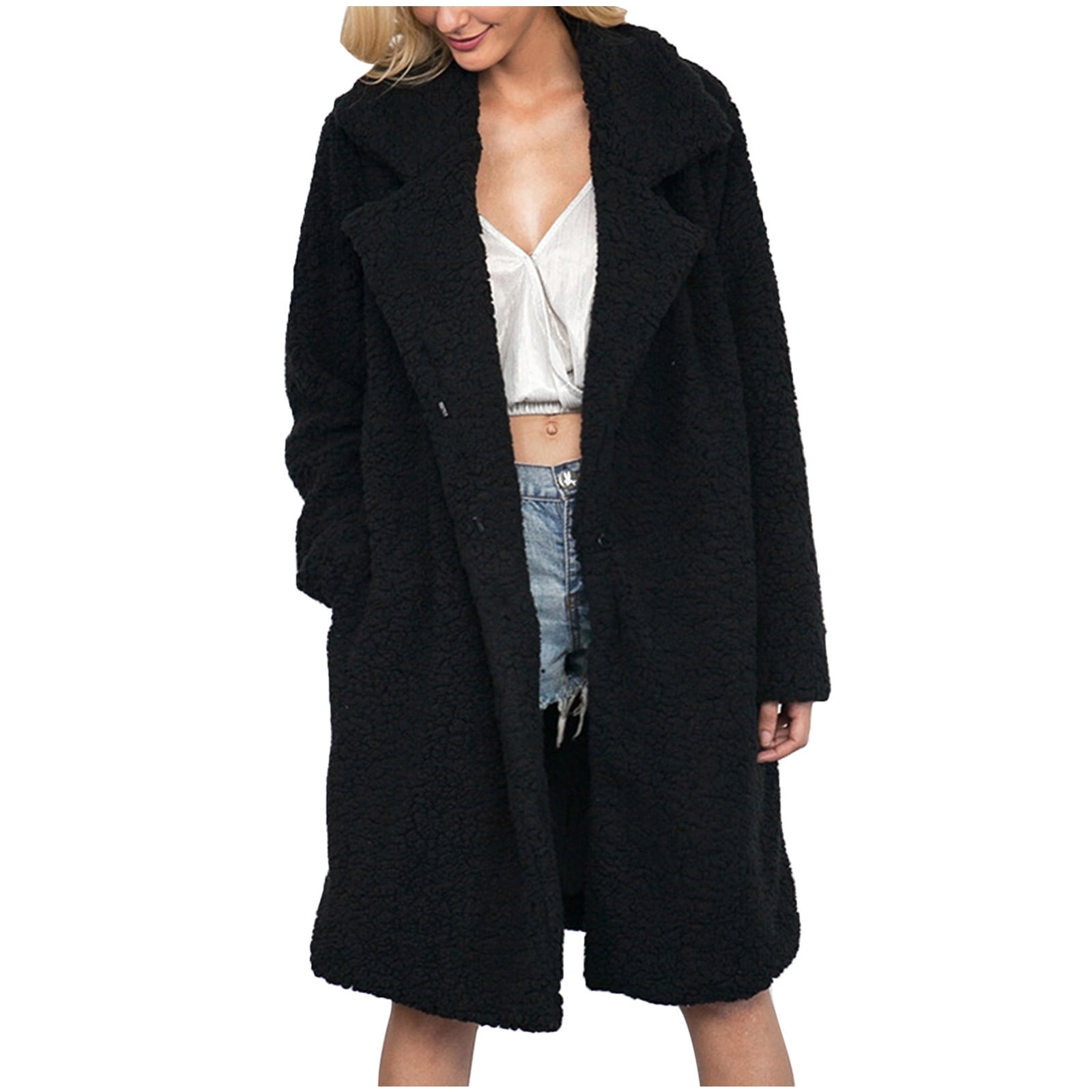 DeHolifer Women's Fuzzy Fleece Lapel Open Front Long Cardigan Coat ...
