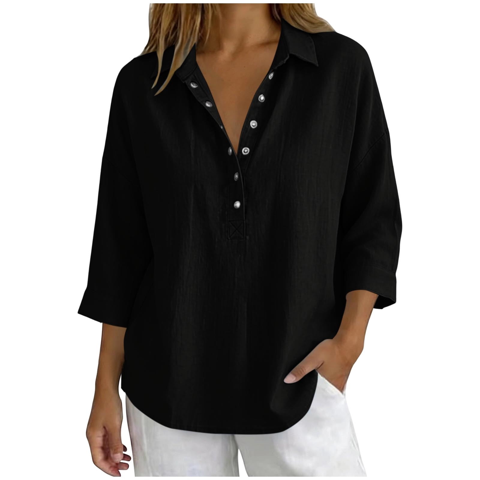 DeHolifer Women's Linen Boho Tops Button Down Blouse Summer Casual ...