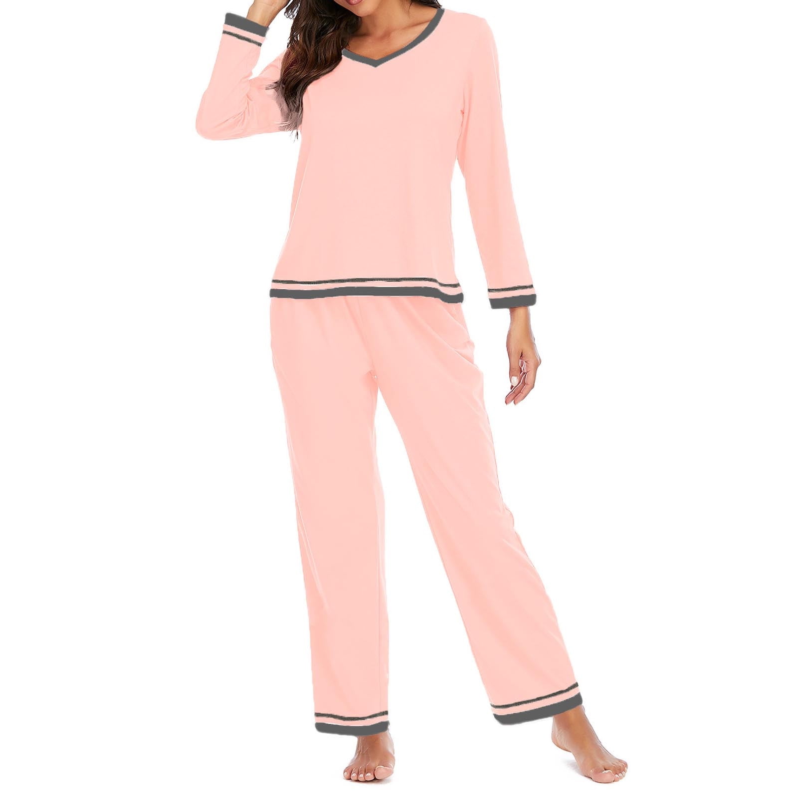 DeHolifer Women's Lounge Sets 2 Pieces Pajama Long Sleeve V Neck Tops ...
