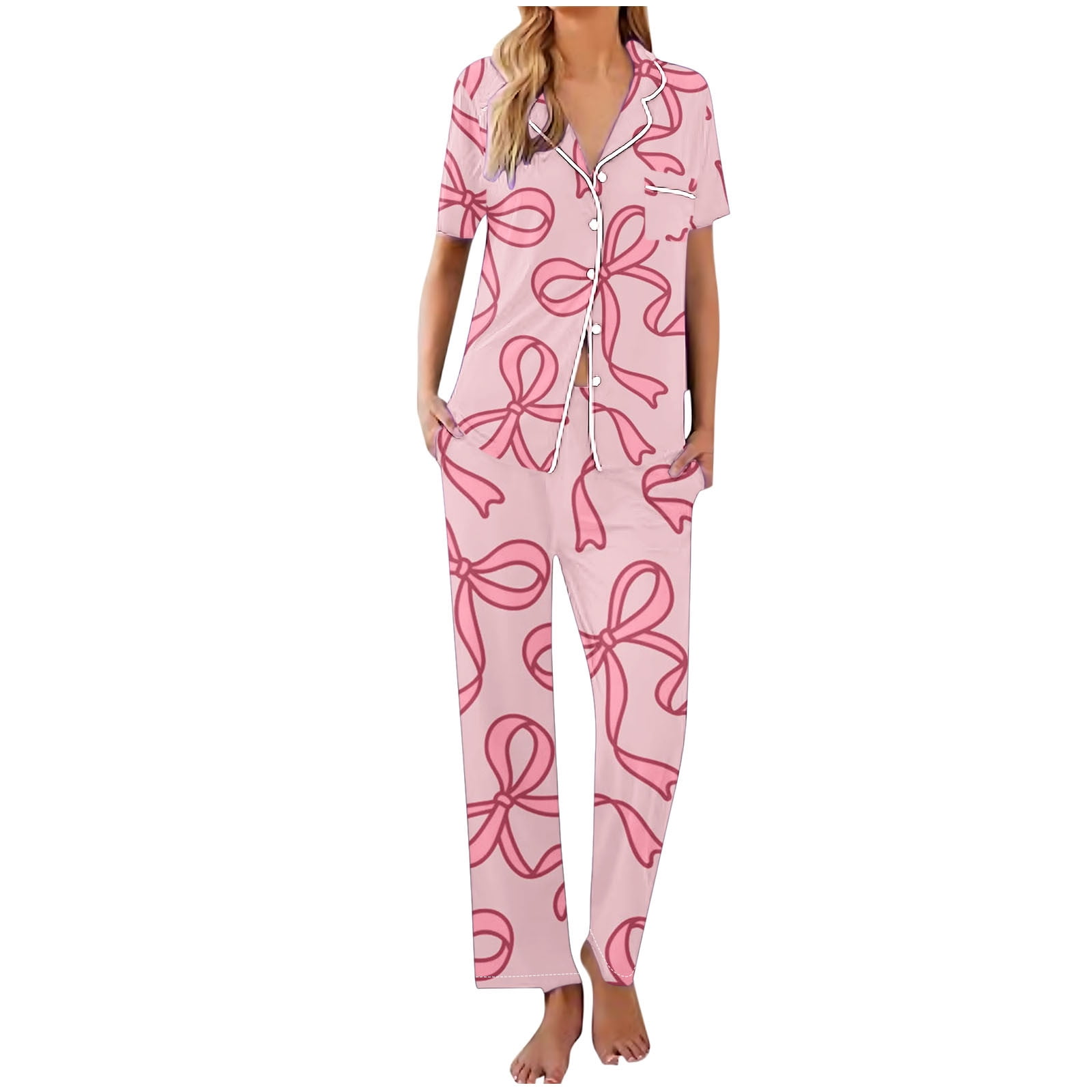 DeHolifer Women's Pajamas Sets Printed Two Piece Short Sleeve Button Up ...