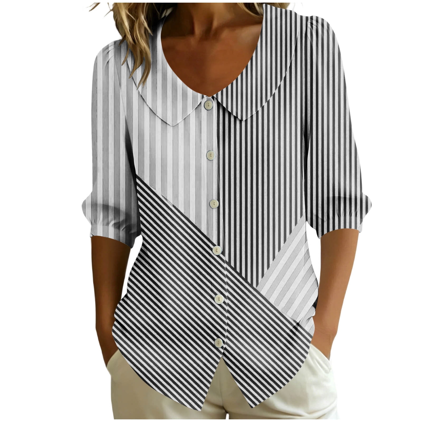 DeHolifer Women's Shirts Striped Button-Down 3/4 Sleeve Lapel Casual ...