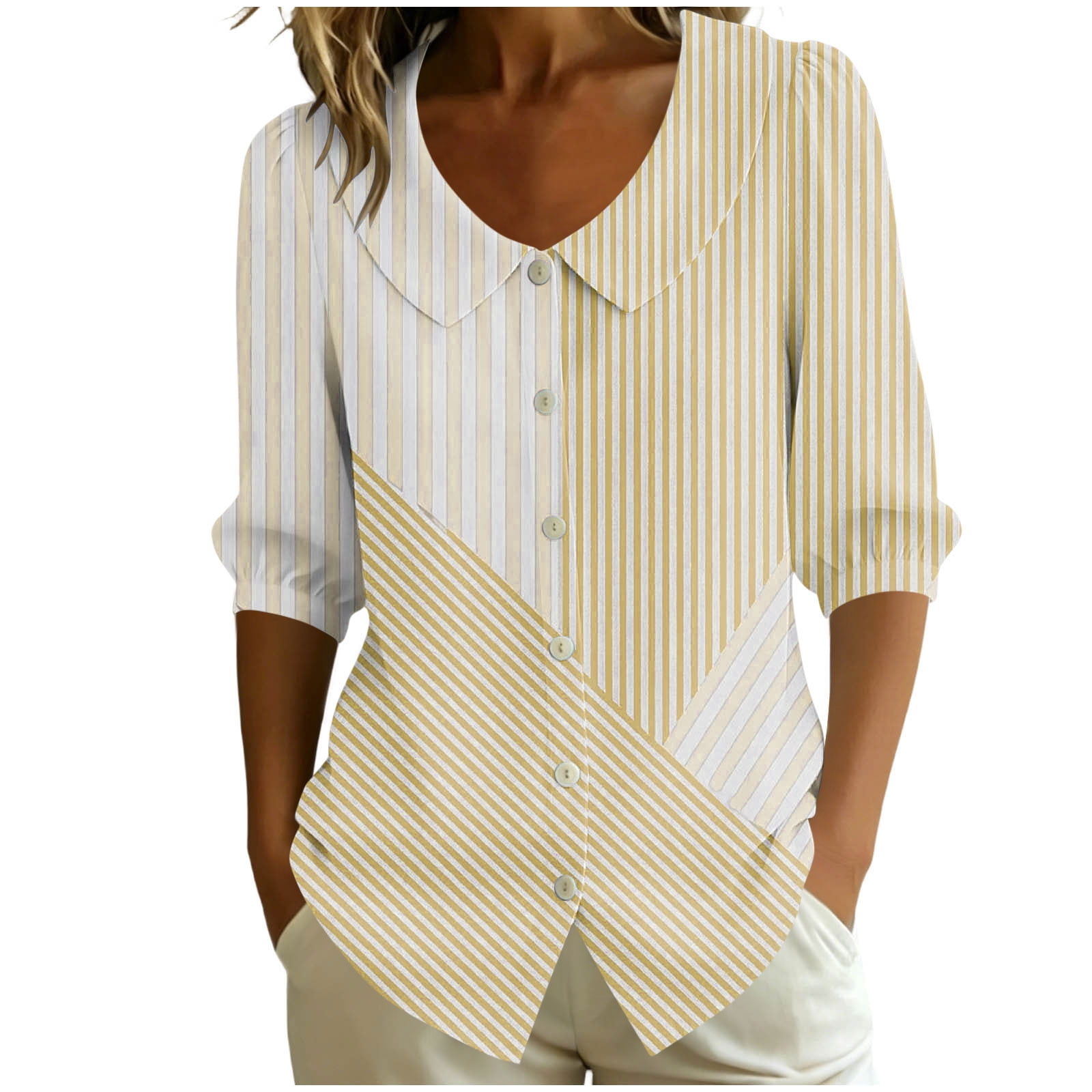 DeHolifer Women's Shirts Striped Button-Down 3/4 Sleeve Lapel Casual ...