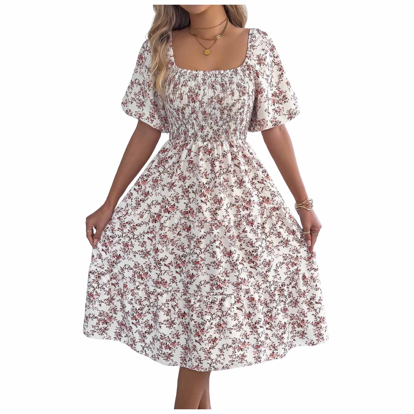 DeHolifer Women's Summer Dresses Square Neck Floral Print Midi Dress ...
