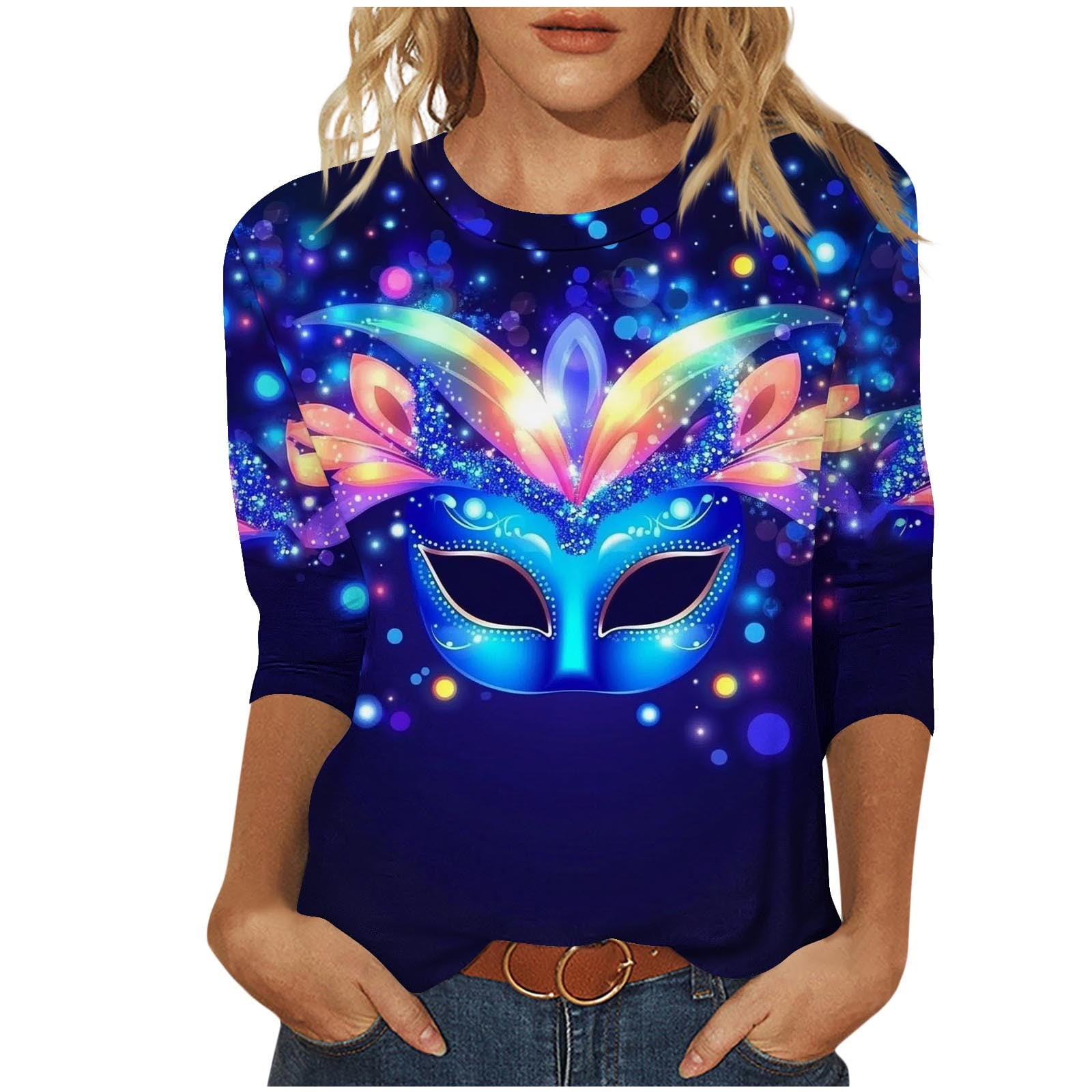 DeHolifer Women's T-Shirts 3/4 Sleeve Plus Size Carnival Mask Graphic ...