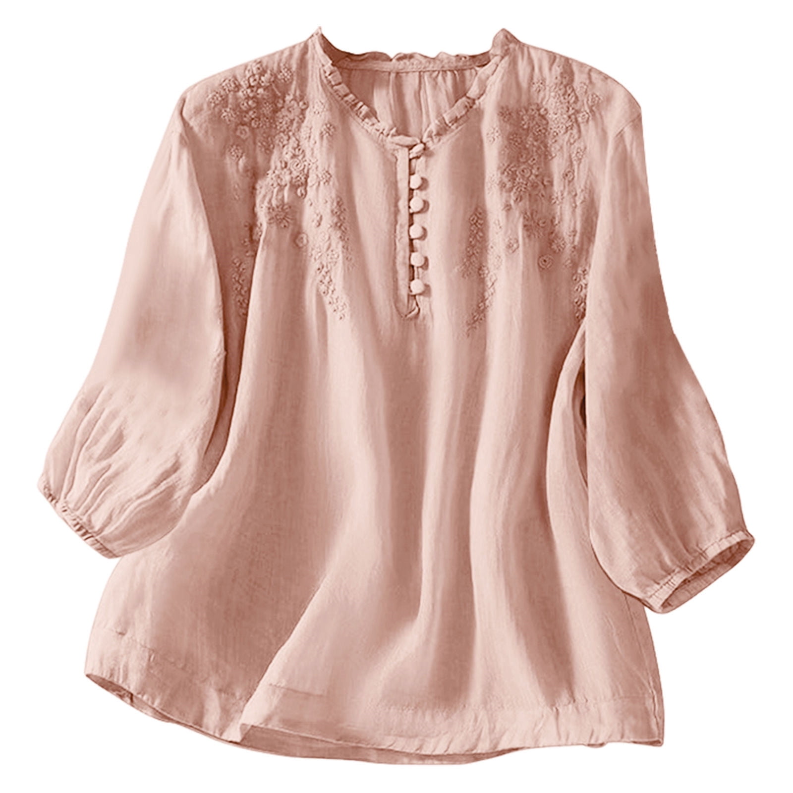 DeHolifer Women's T-Shirts Cotton Linen Blouse Embroidered 3/4 Sleeve ...