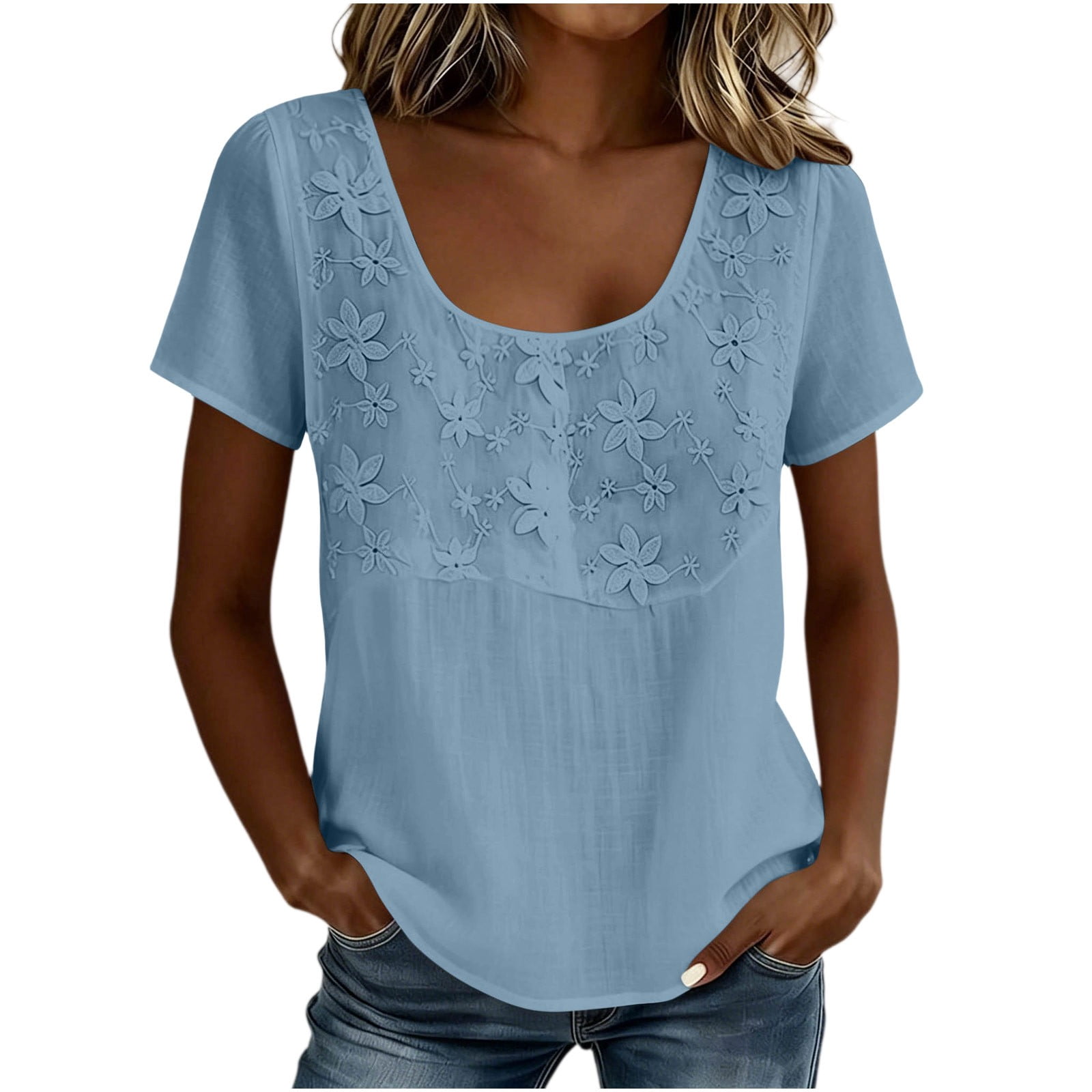 DeHolifer Women's T-Shirts Summer U-Neck Embroidered Short Sleeve ...