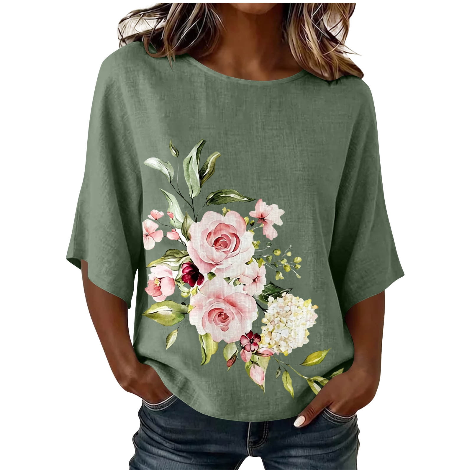 DeHolifer Women's Tops 3/4 Sleeve Floral Printed Crewneck Casual Loose ...
