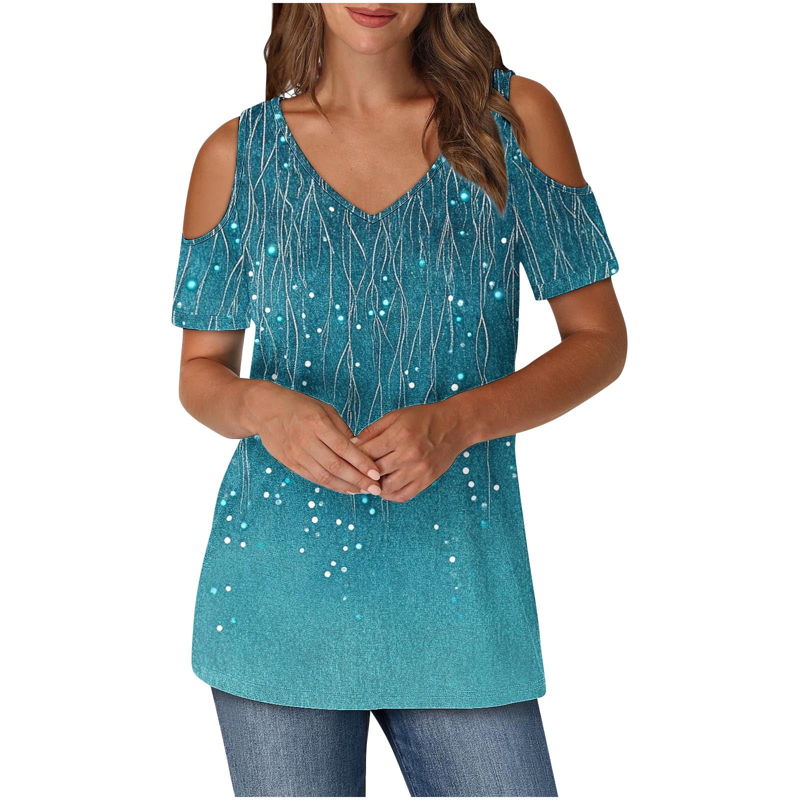 DeHolifer Women's Tops Casual Floral Printed Short Sleeve V-Neck Off ...