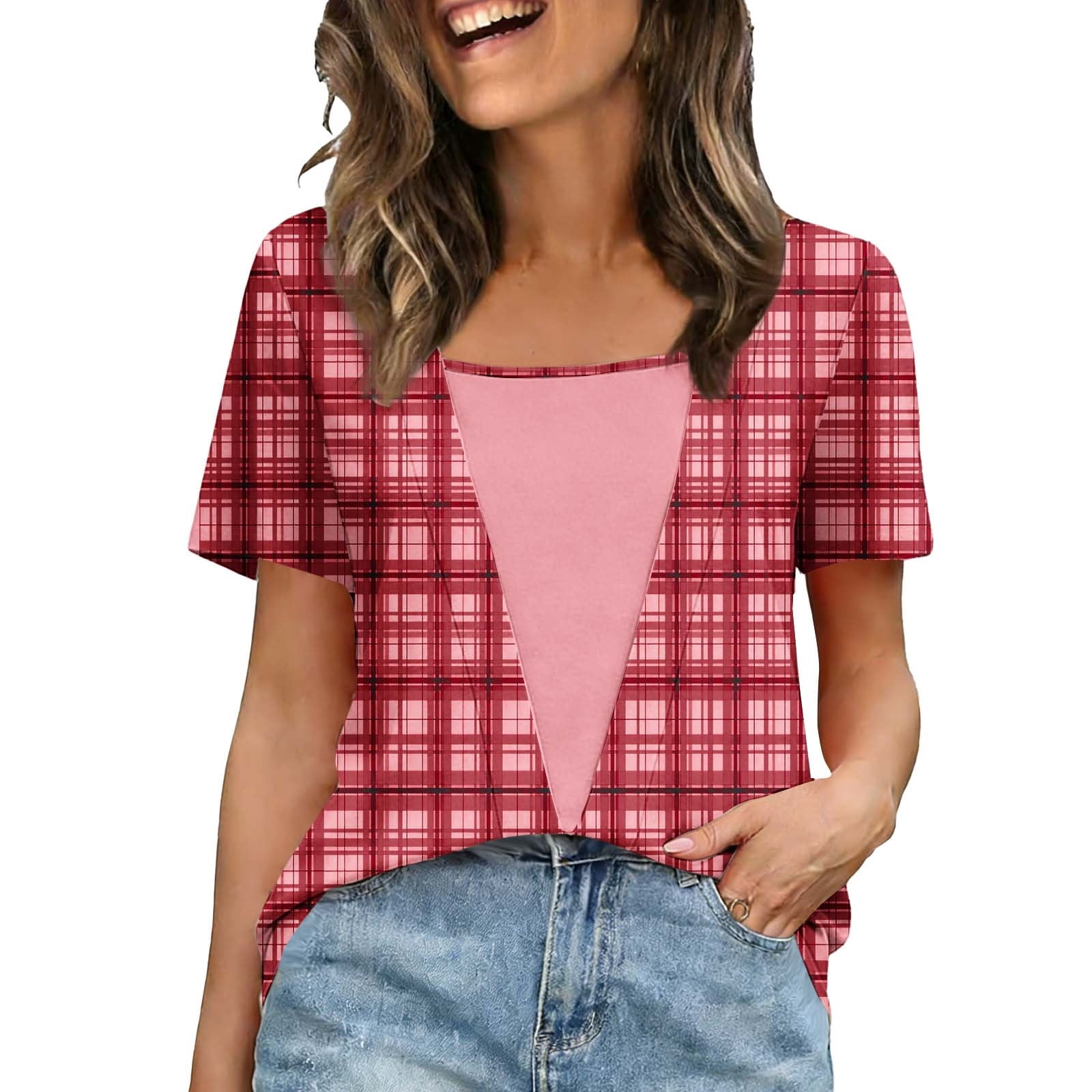 DeHolifer Women's Tops Crewneck Casual Printed Fake Two Piece Short ...
