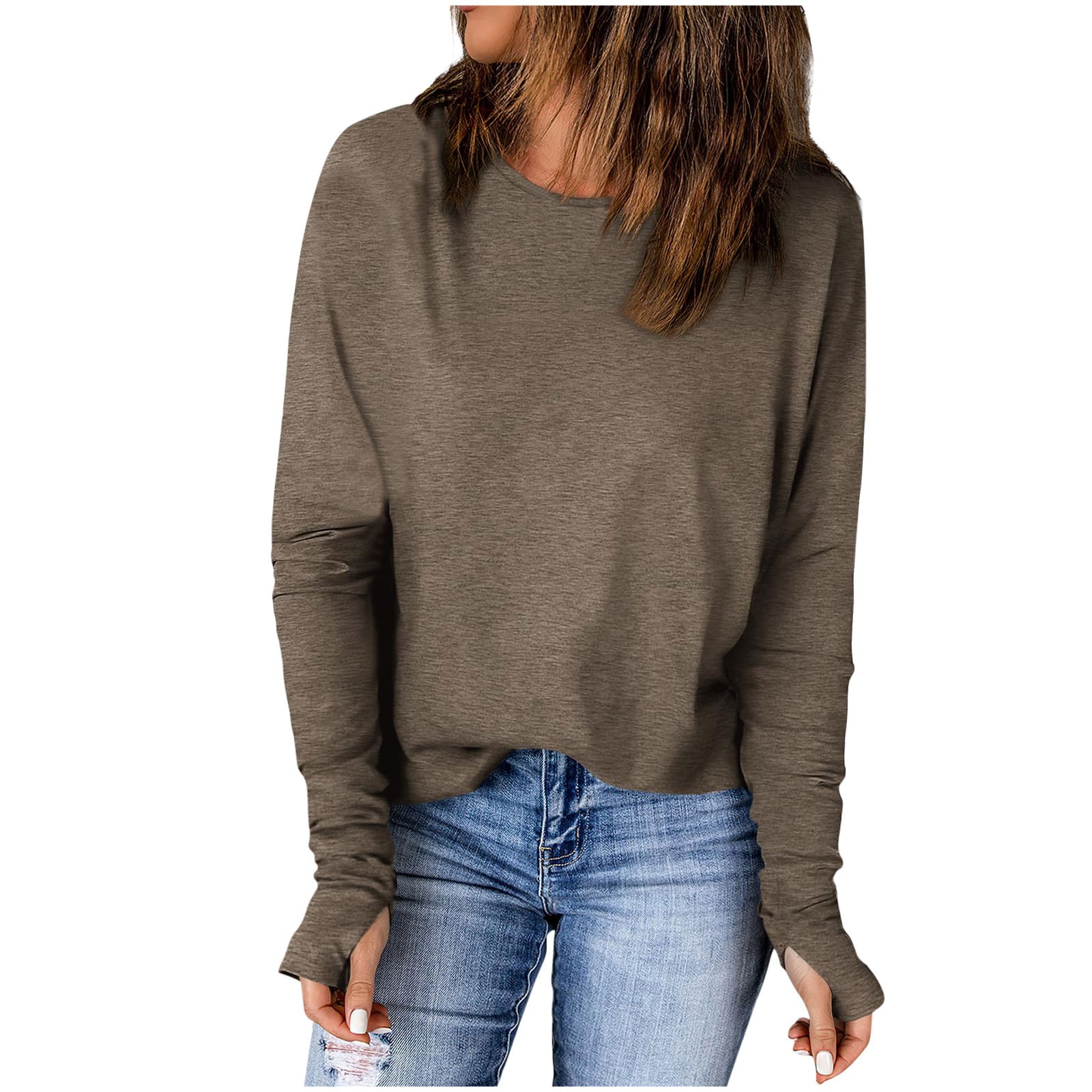 DeHolifer Women's Tops Solid Color Basic Crewneck Lightweight Long ...