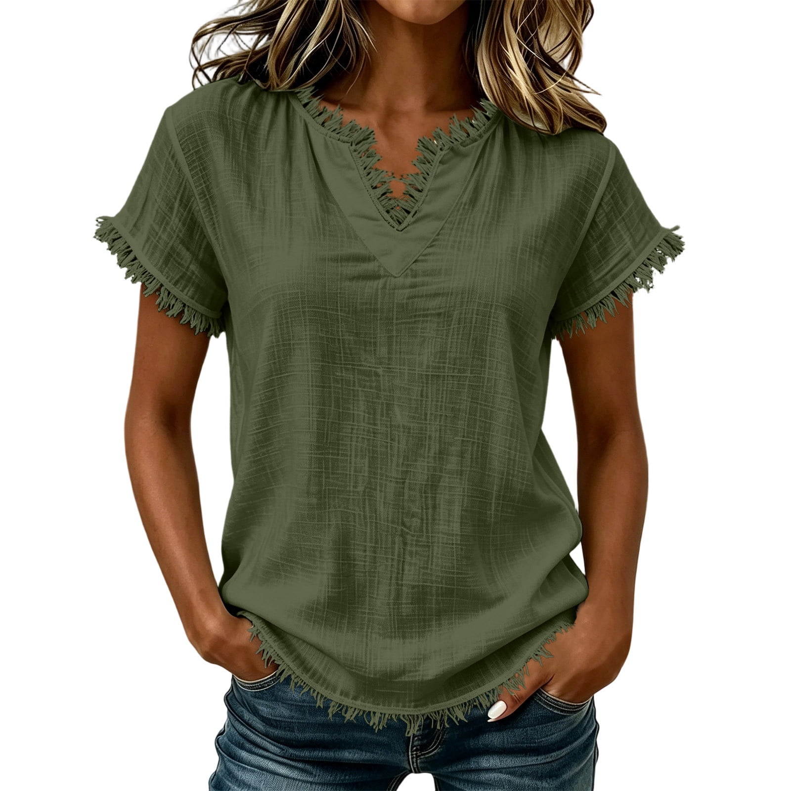 DeHolifer Women's Tops V-Neck Solid Color Short Sleeve Lightweight ...