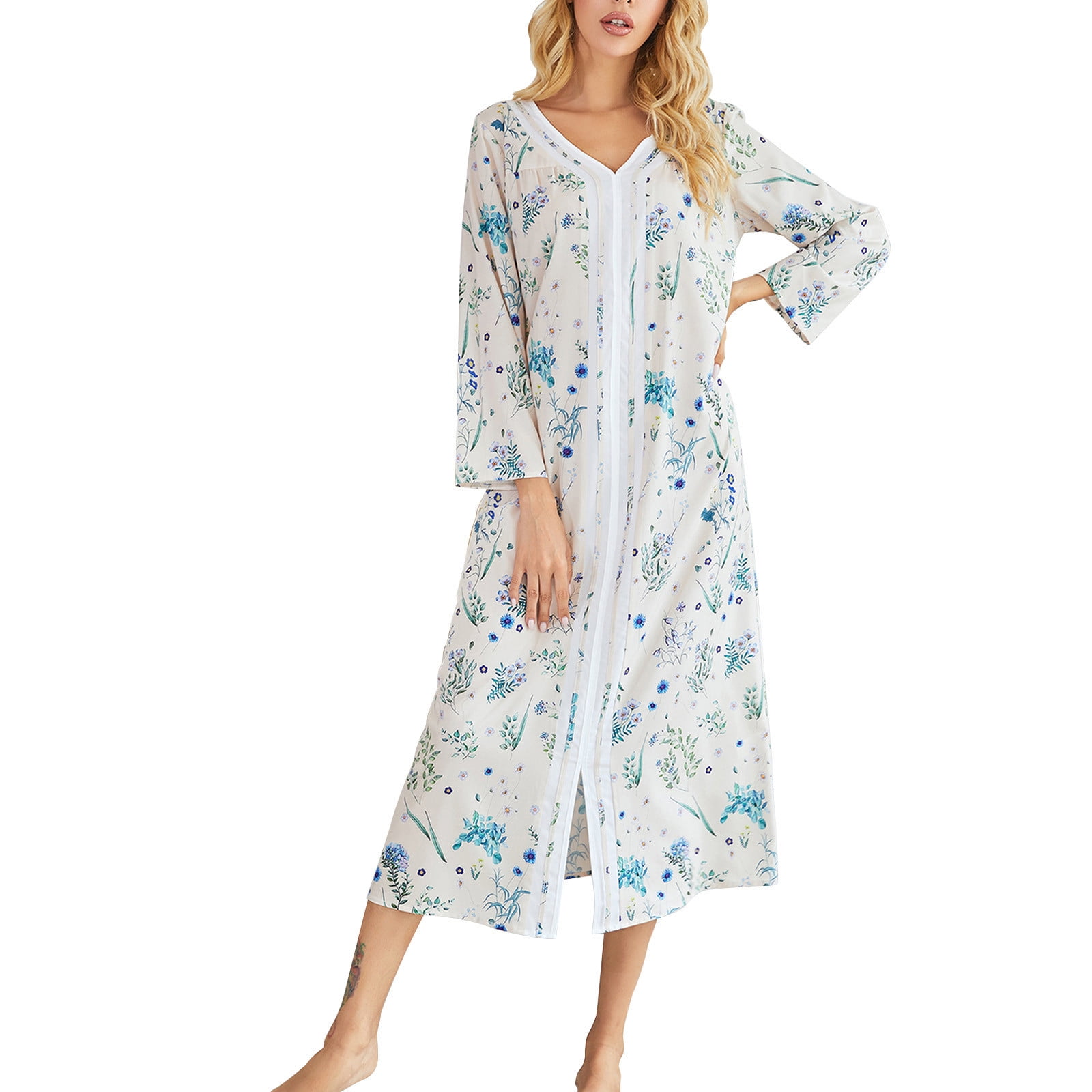 DeHolifer Womens Pajamas Long Sleeve V Neck Nightgown Cotton Floral Printed Nightgowns Plus Size ...