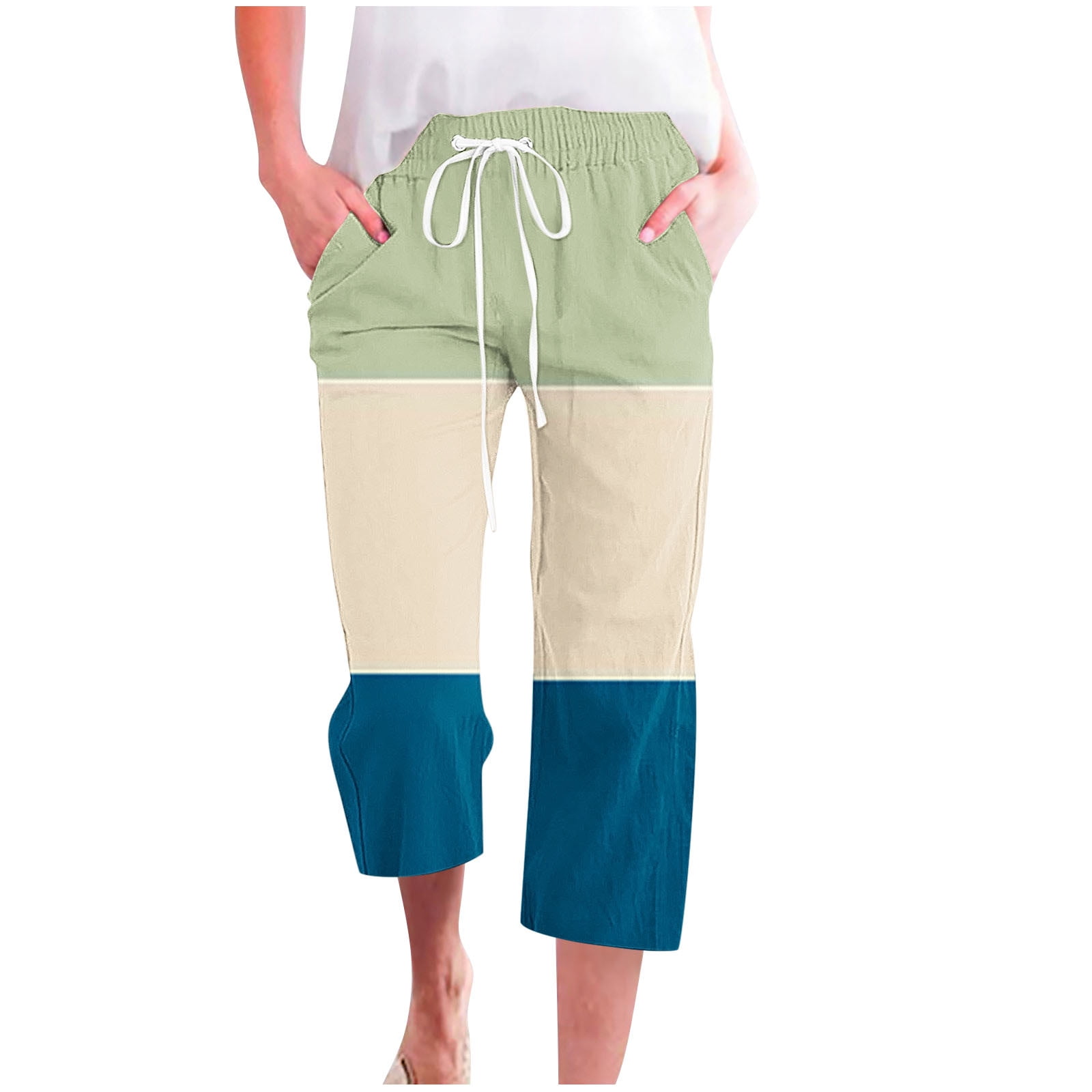 DeHolifer Womens Pants Linen Elastic Waist Drawstring Straight Wide Leg ...