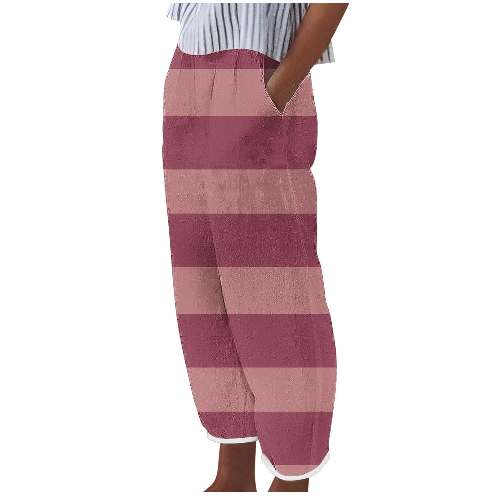 DeHolifer Womens Pants Wide Leg Linen High Waised Elastic Waisted Strip ...