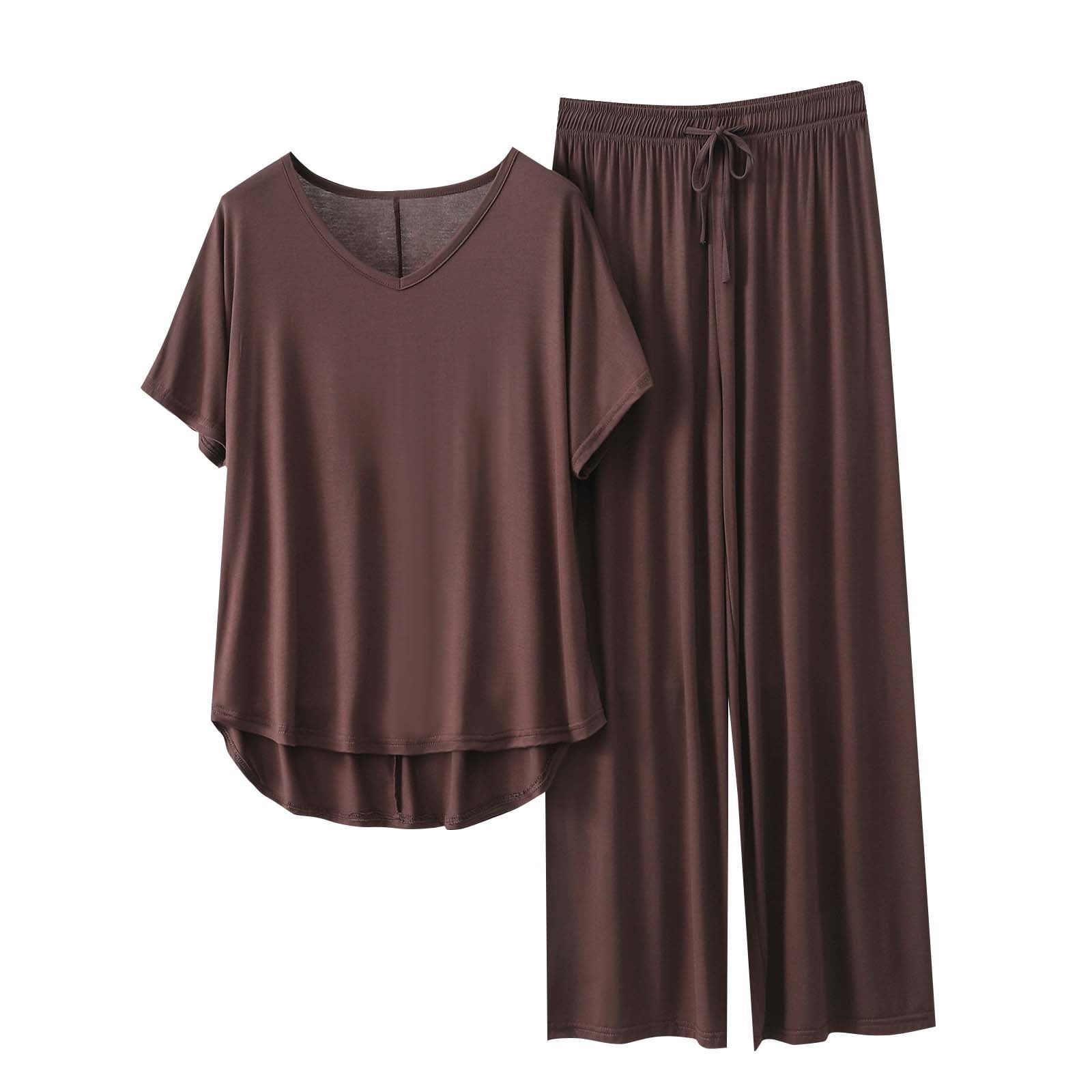 QQAMB Womens Sets Plus Size Modal V-Neck Short Sleeve Pullover and ...