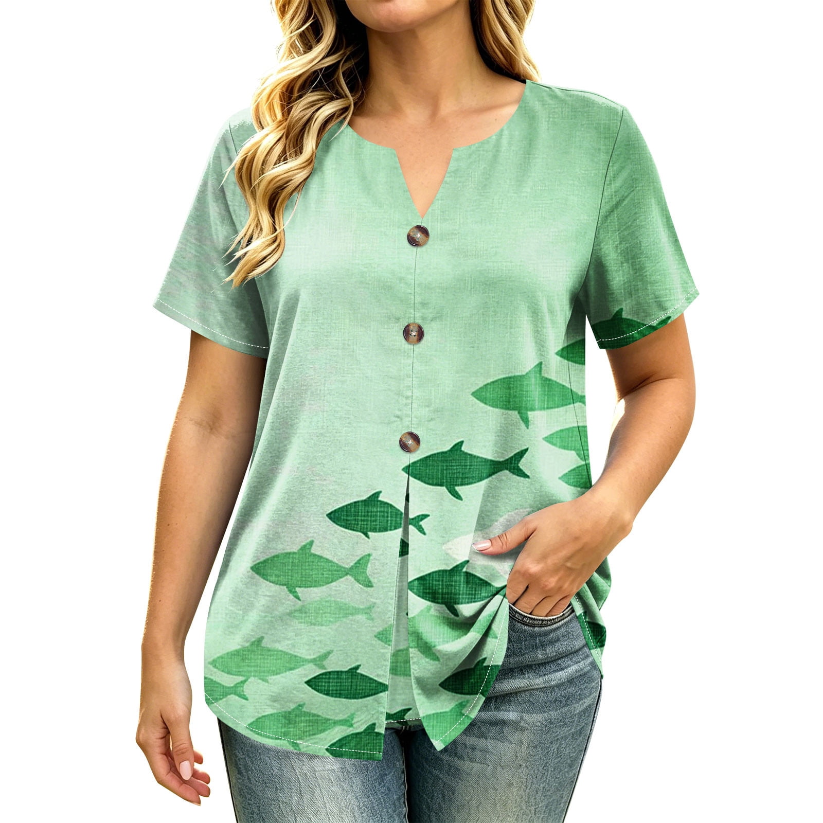 DeHolifer Womens Shirts Plus Size V-Neck Floral Printed Button Split ...
