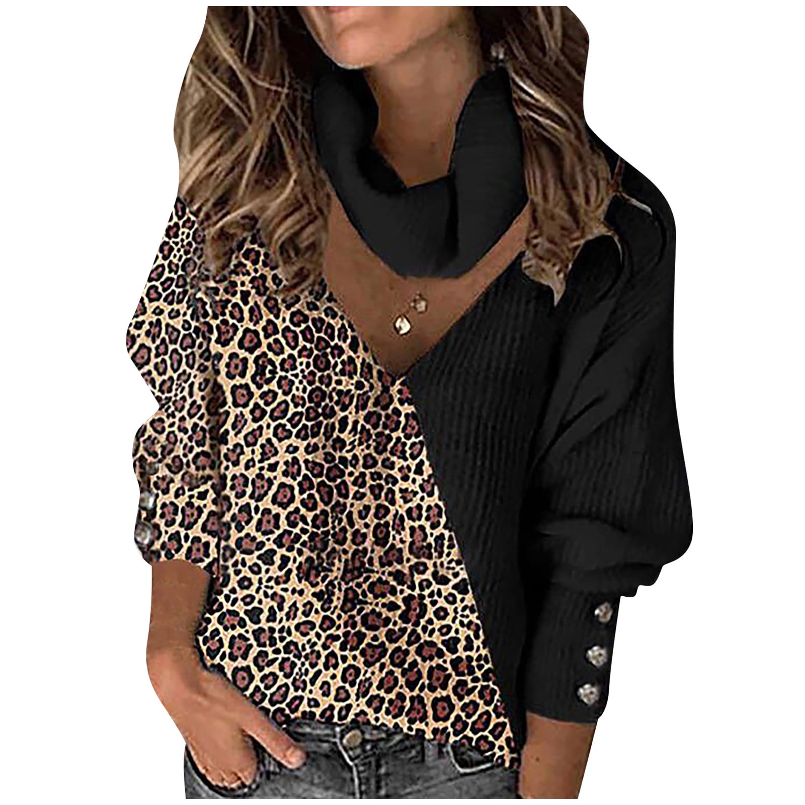 DeHolifer Womens Sweaters Fashoin Leopard Print Patchwork Long Sleeve ...
