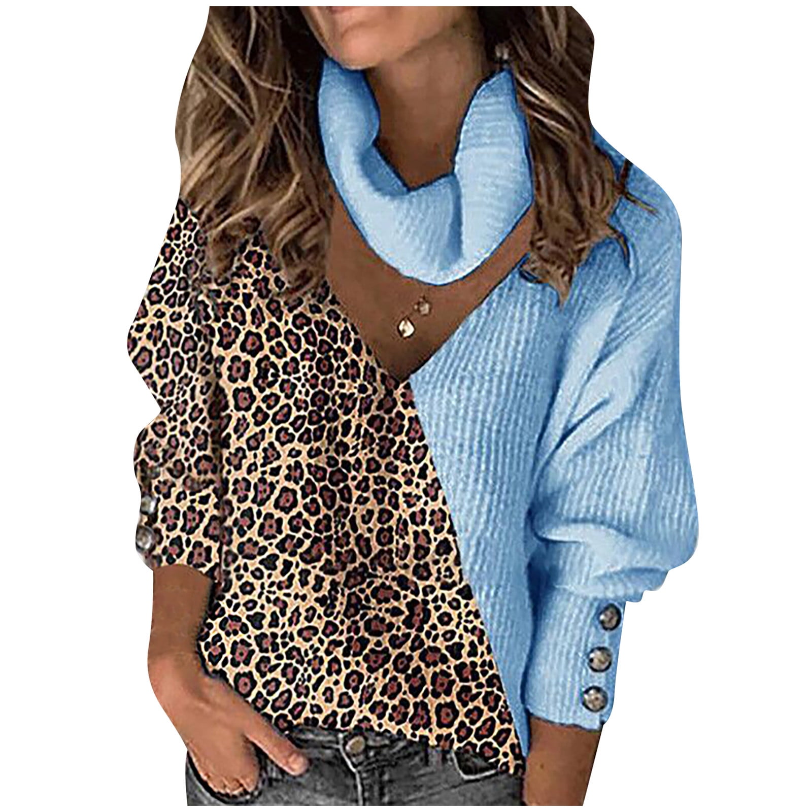 DeHolifer Womens Sweaters Fashoin Leopard Print Patchwork Long Sleeve ...