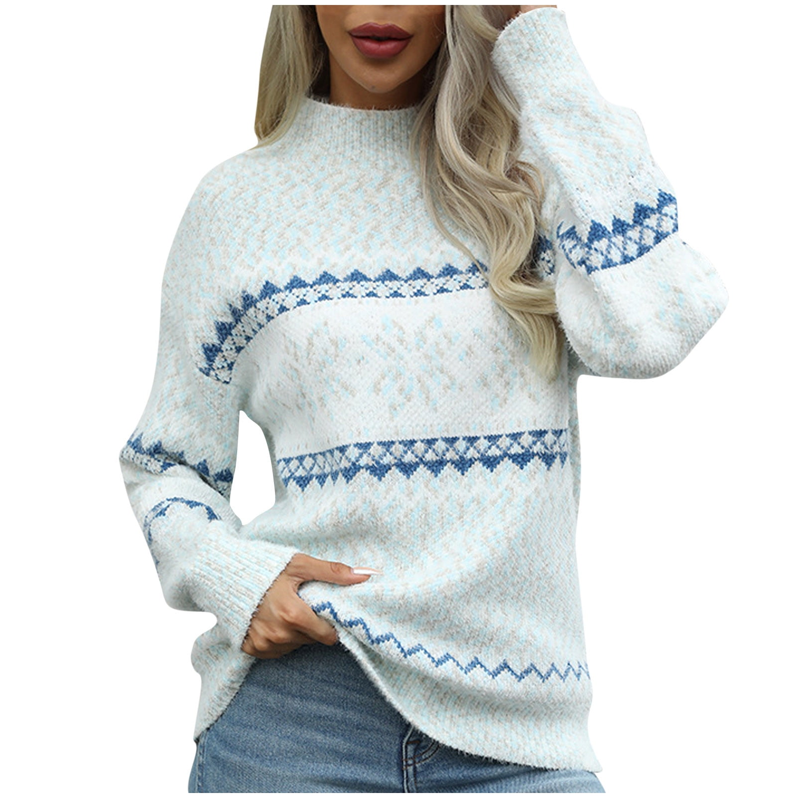 DeHolifer Womens Sweaters Long Sleeve Crewneck Snowflake Printed Knit ...