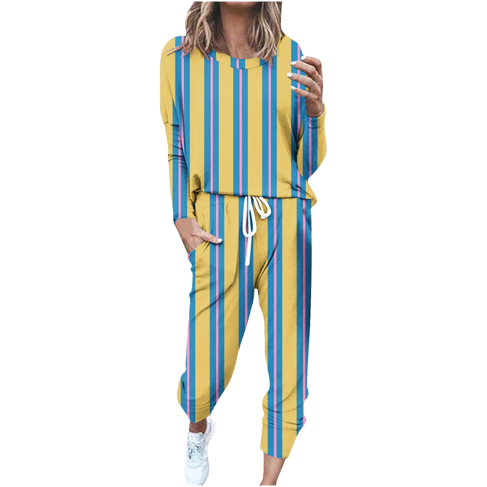 DeHolifer Womens Sweatsuits 2 Piece Set Crewneck Pullover Strip Print ...