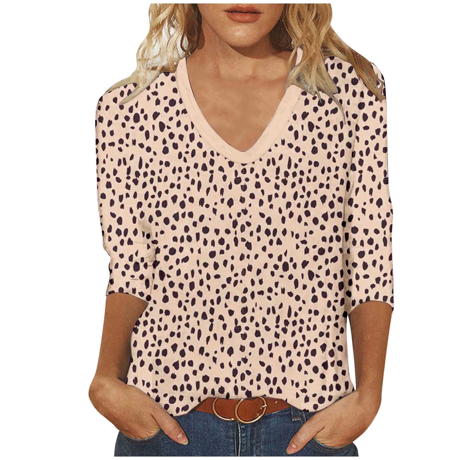 QQAMB Womens T Shirt V-Neck 3/4 Sleeve Leopard Print Loose Casual T ...