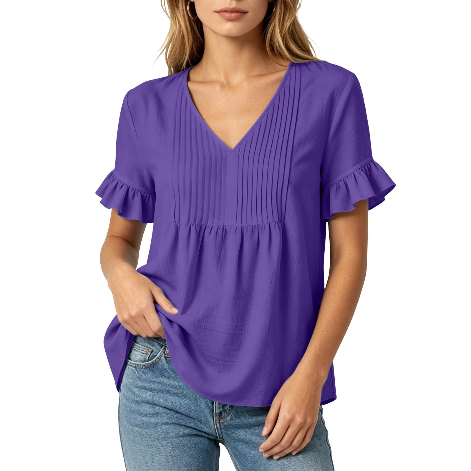 DeHolifer Womens T-Shirts Dressy Casual V-Neck Solid Color Ruffle Short ...