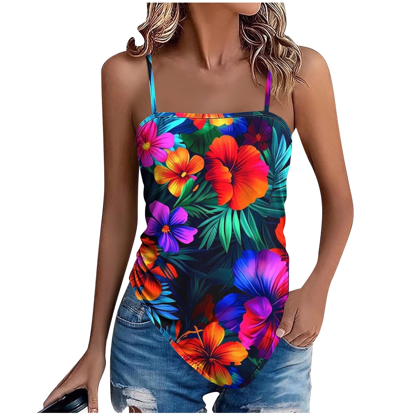 DeHolifer Womens Tankini Top Plus Size Boho Printed Spaghetti Strap ...