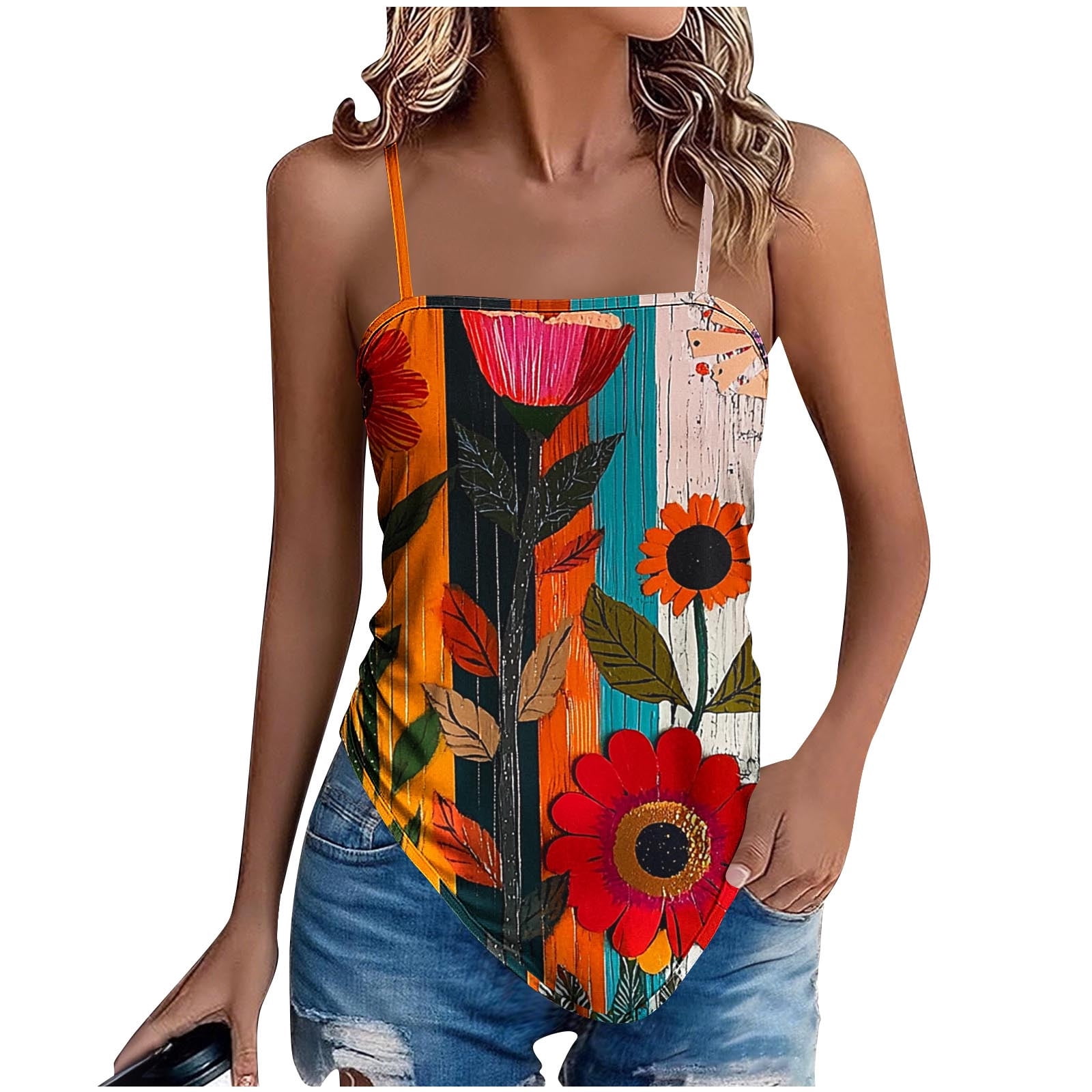 DeHolifer Womens Tankini Top Plus Size Boho Printed Spaghetti Strap ...