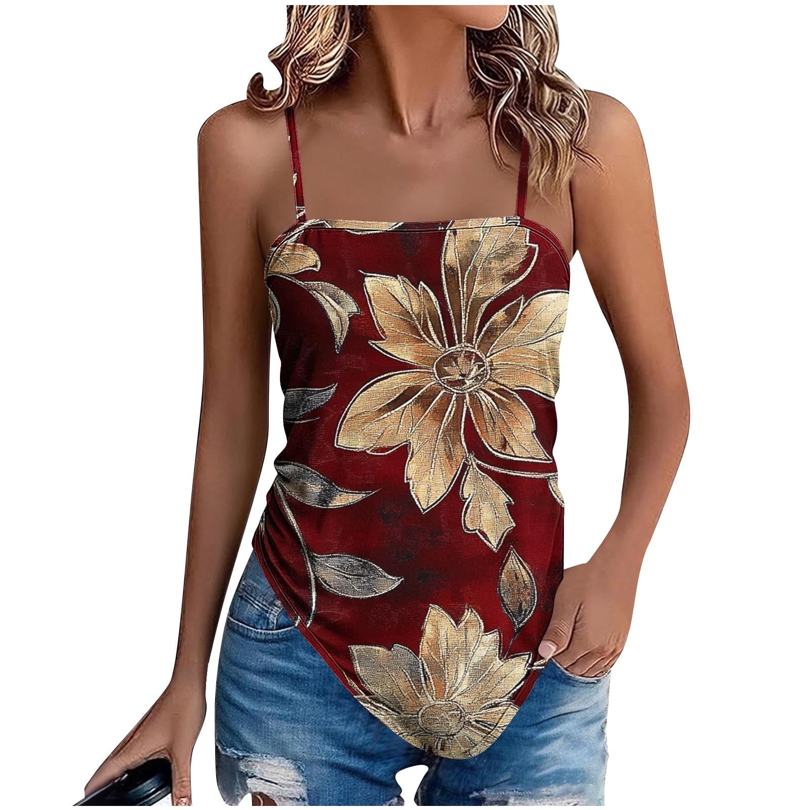 DeHolifer Womens Tankini Top Plus Size Boho Printed Spaghetti Strap ...