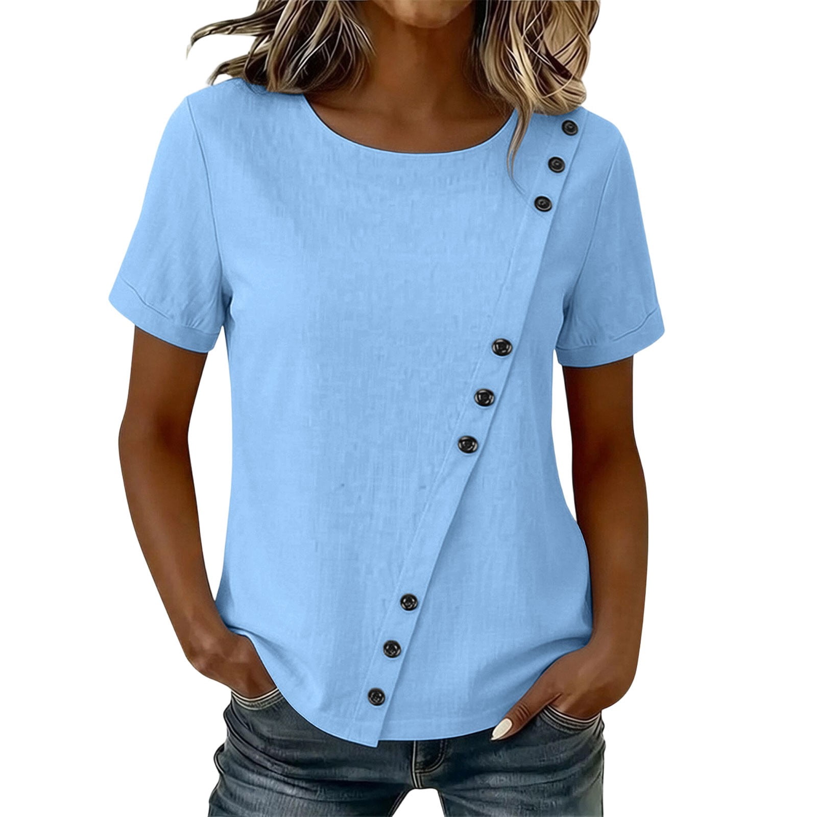 DeHolifer Womens Tops Crewneck Button Solid Color Lightweight Casual ...