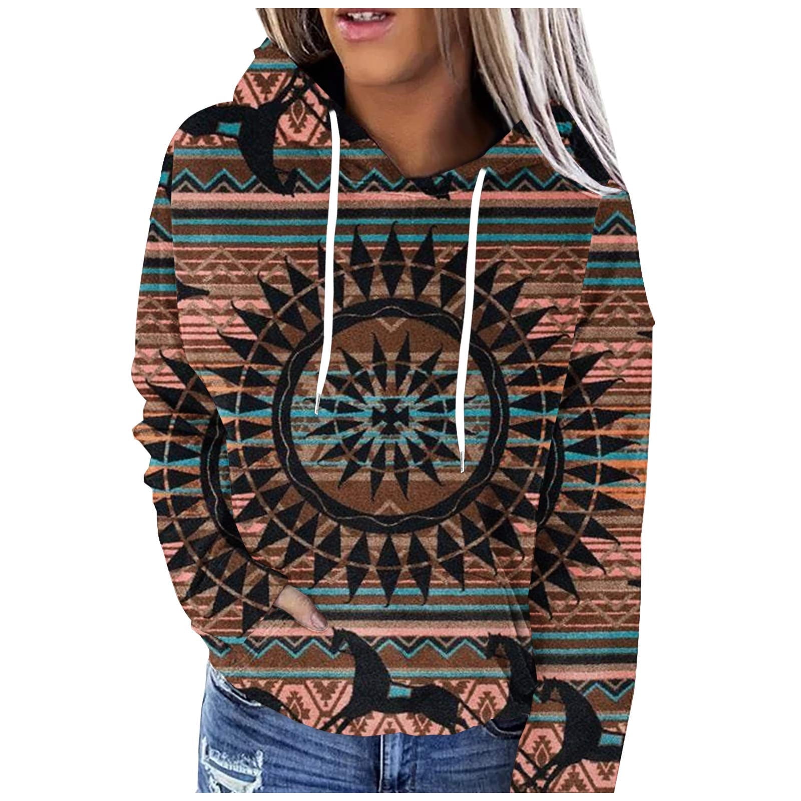 DeHolifer Womens Tops Sweatshirt for Women Aztec Print Crewneck Cowgirl ...