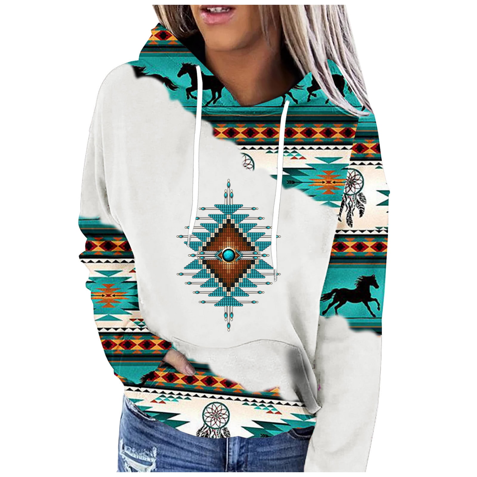 Deholifer Womens Tops Sweatshirt For Women Aztec Print Crewneck Cowgirl