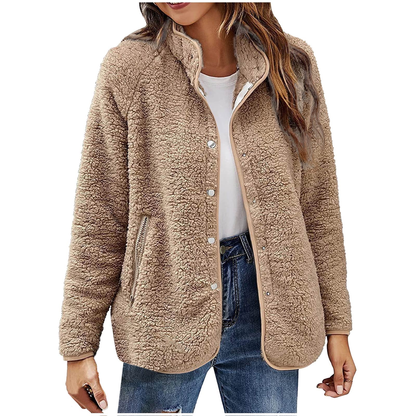 DeHolifer Womens Winter Casual Sherpa Fleece Jacket Long Sleeve Button ...