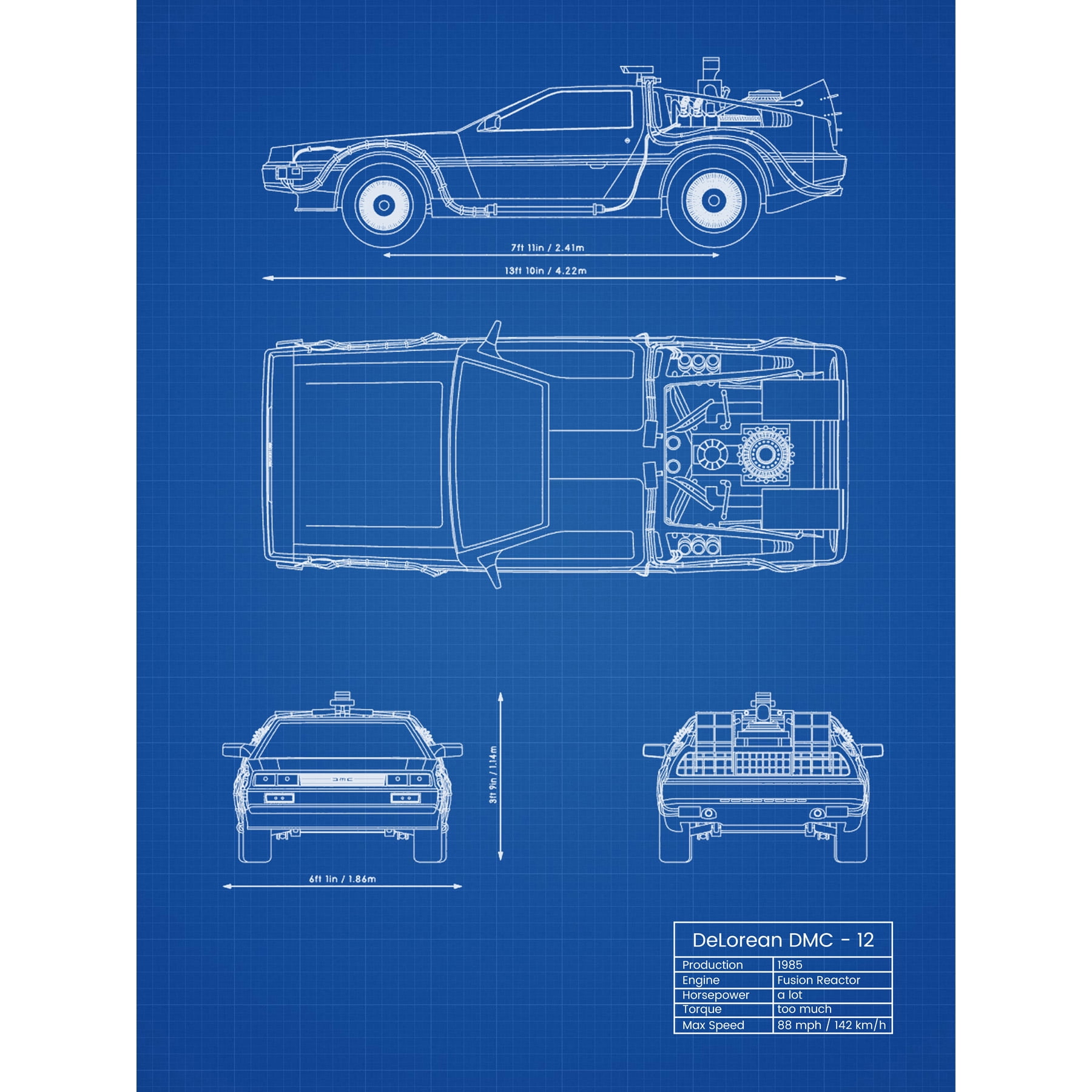 DeLorean DMC-13 Future Time Travel Car Blueprint Plan Extra Large XL Wall Art Poster Print ...