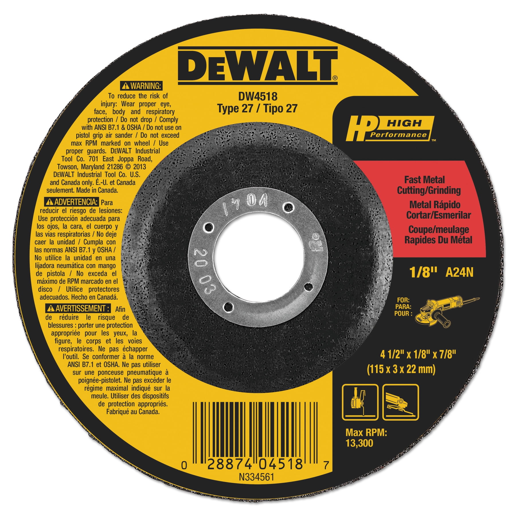 DeWALT DW4518 - HP 4-1/2" Type 27 Cut-Off Wheel (1/8" Thickness, 7/8 ...