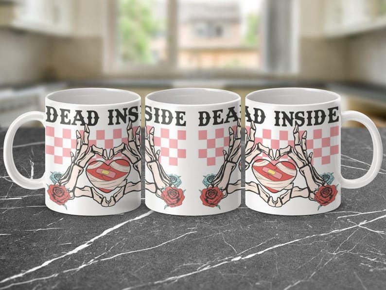 Dead Inside Coffee Mug R Skeleton H1ands with Heart, Funny Dark Humor ...