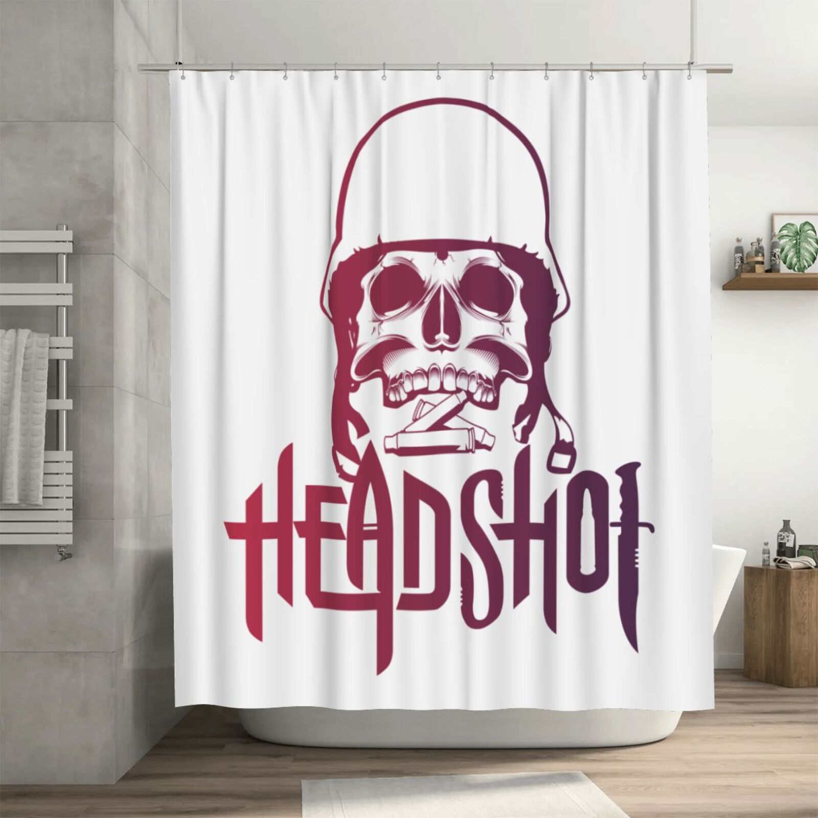 Dead Skull Helmet Bullet Pattern Shower Curtain, Red Waterproof Bath ...
