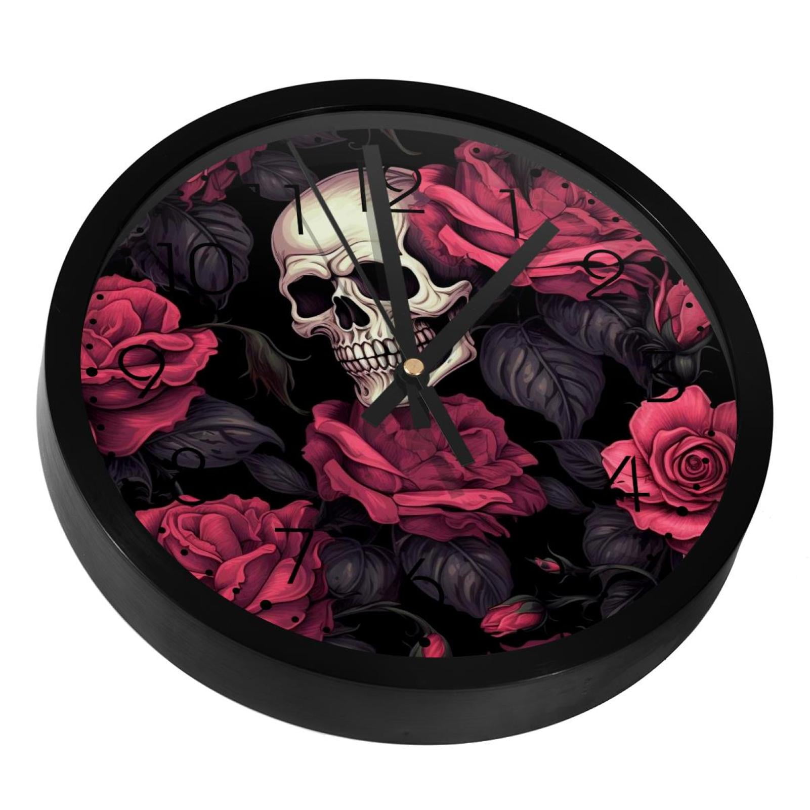 Dead Skull Rose Flower Silent Wall Clock, Non Ticking Battery Operated ...