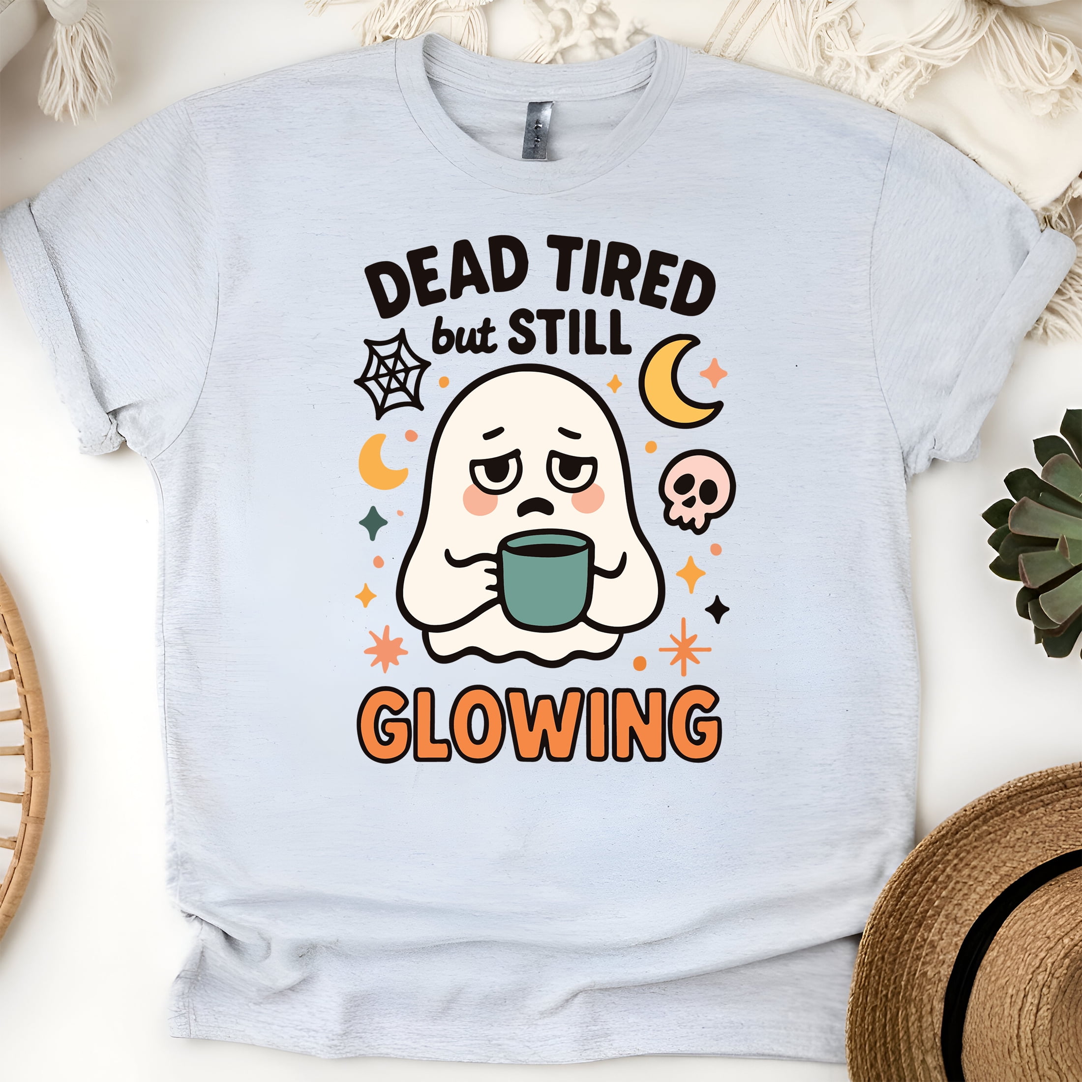 Dead Tired But Still Glowing Ghost Graphic Tee Unisex T-Shirt, Ash ...