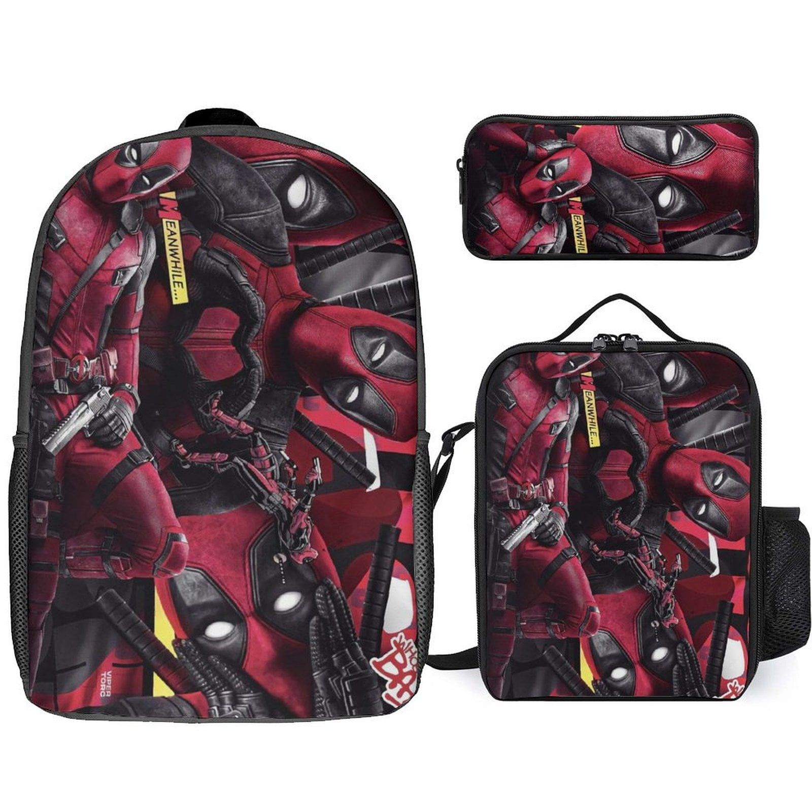 Deadpool Anime Print School Bag 3 Pcs Set, Backpack, Lunch Bag, Pencil ...