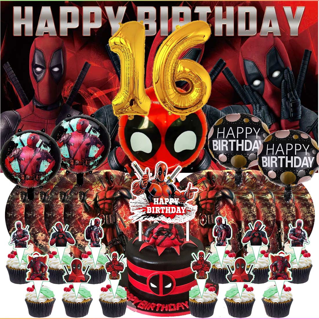 Deadpool Dead Pool 16th Tableware Balloons Cake Toppers Backdrop Banner ...