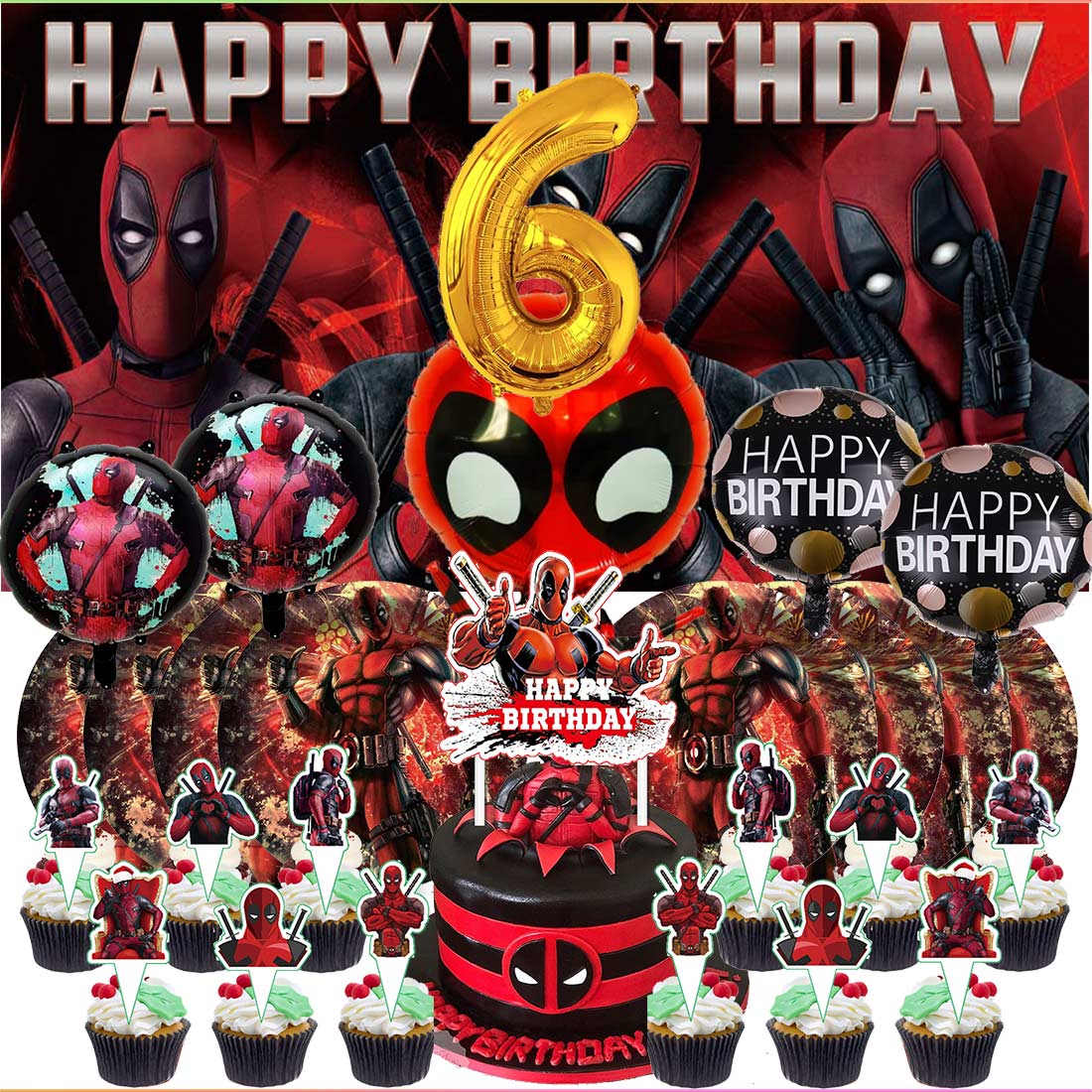 Deadpool Dead Pool 6th Tableware Balloons Cake Toppers Backdrop Banner ...